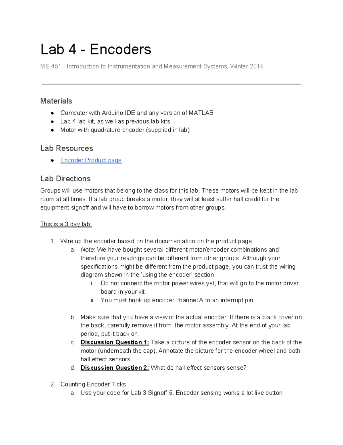 Lab 4 - Encoders - Lecture notes 1-7 - Lab 4 - Encoders ME 451 ...