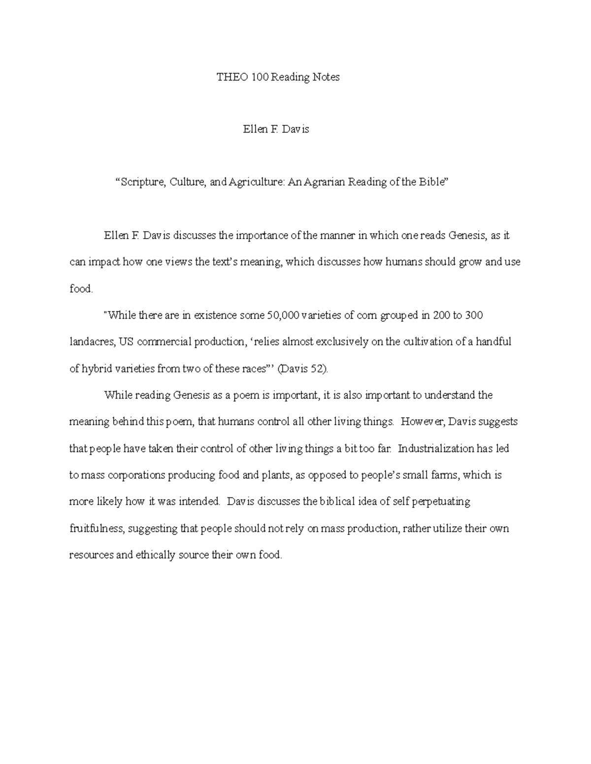 Ellen Davis Reading - THEO 100 Reading Notes Ellen F. Davis “Scripture ...