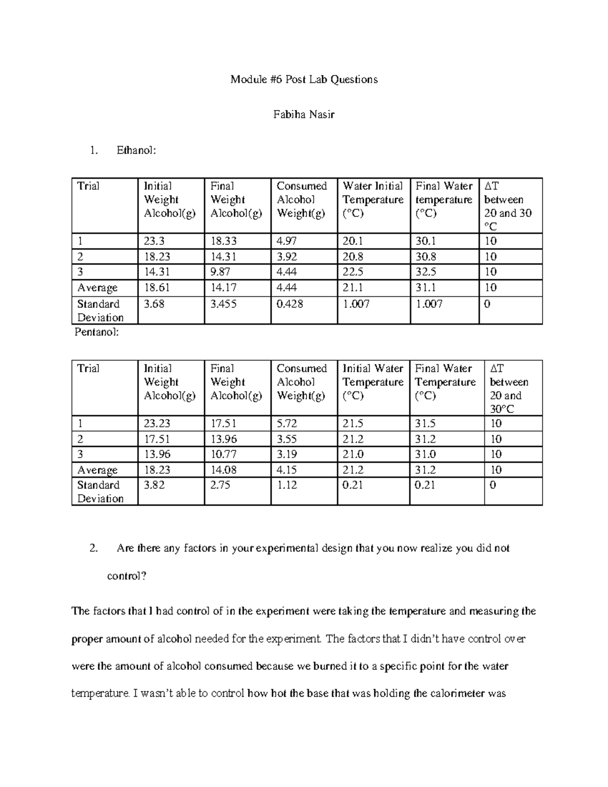 Post Lab Questions Module 6 Module 6 Post Lab Questions Fabiha Nasir 1 Ethanol Trial 7020