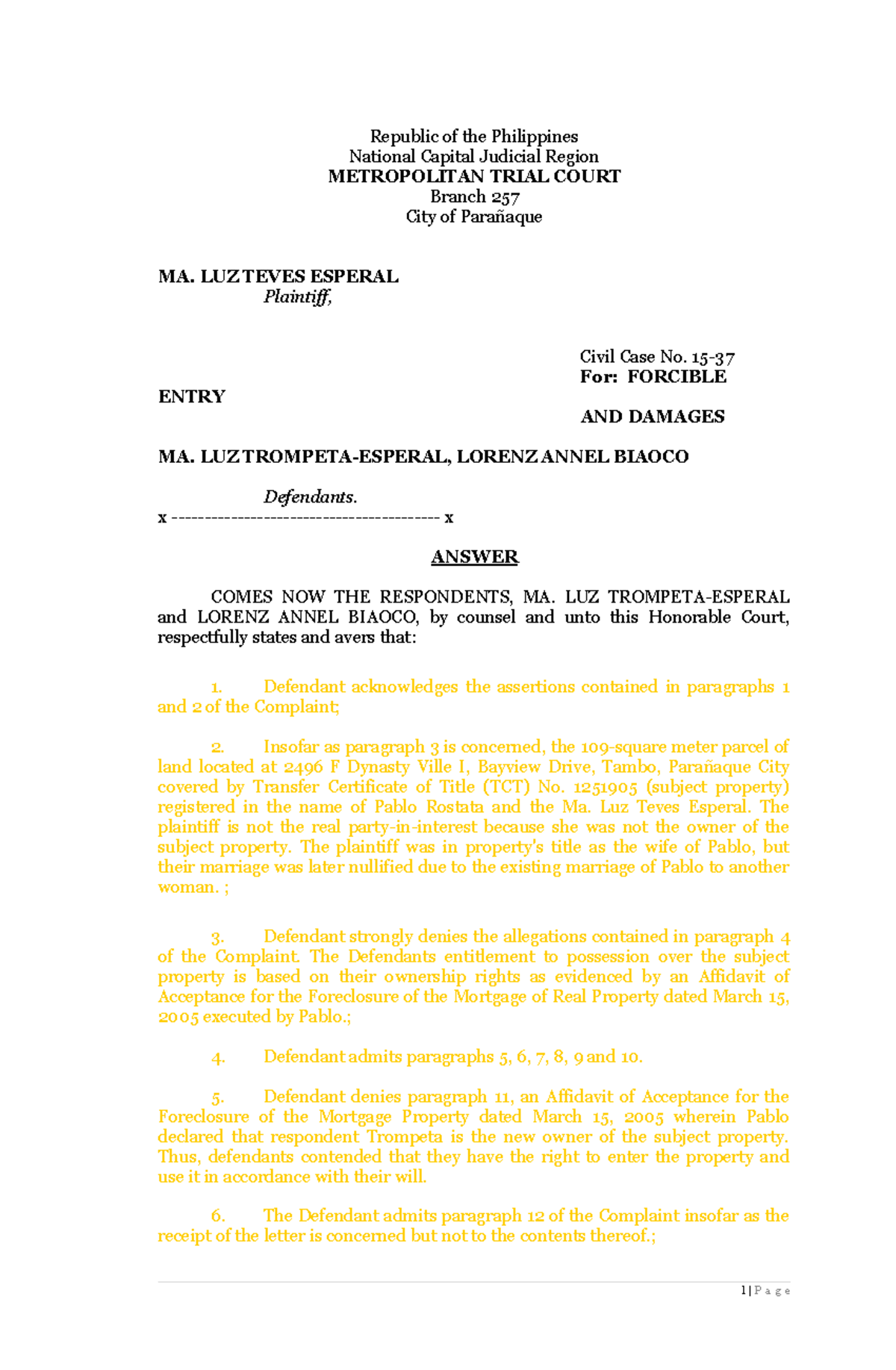 Answer - Forcible Entry Case assignment - Republic of the Philippines ...