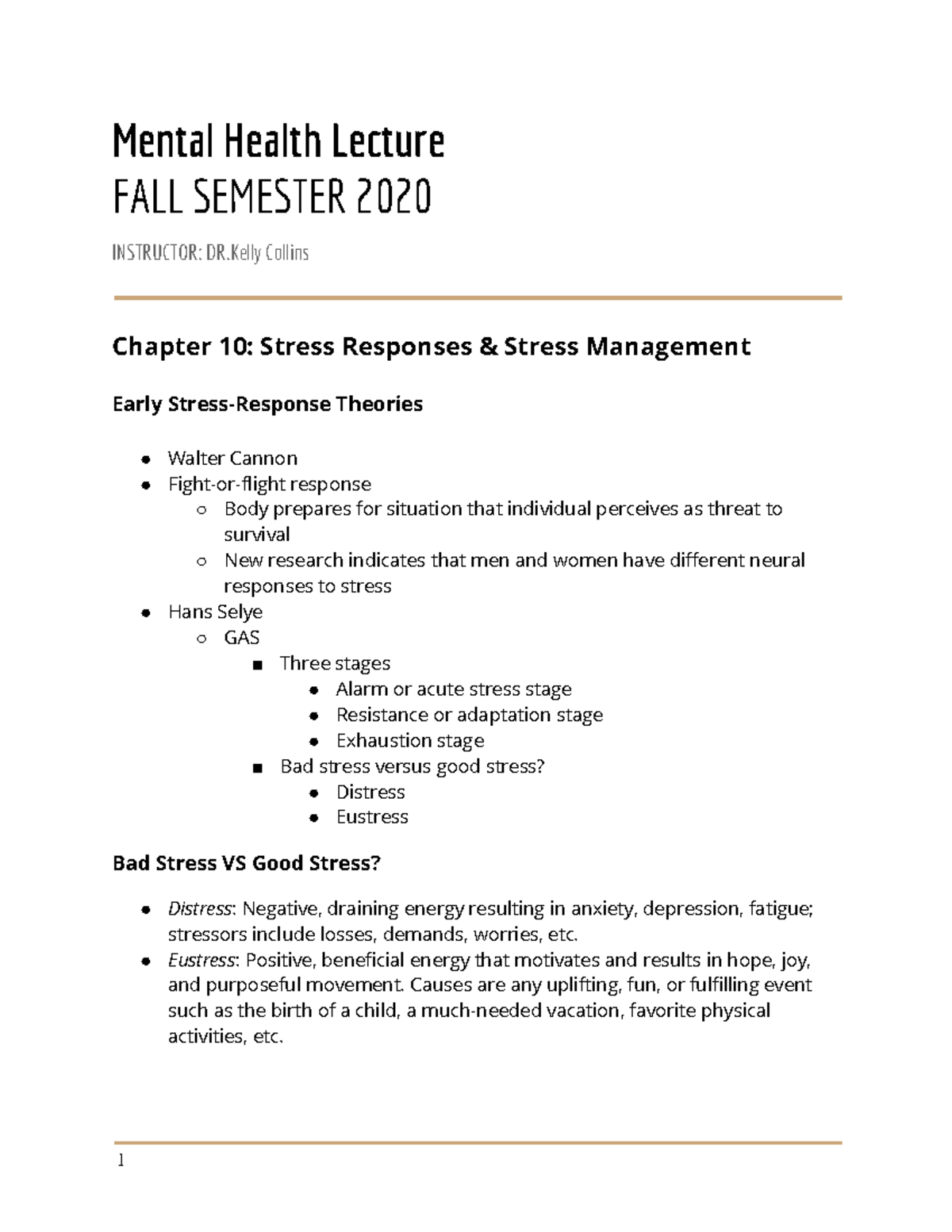 MH Lecture Notes Week 2 Chapter 10 - Mental Health Lecture FALL ...