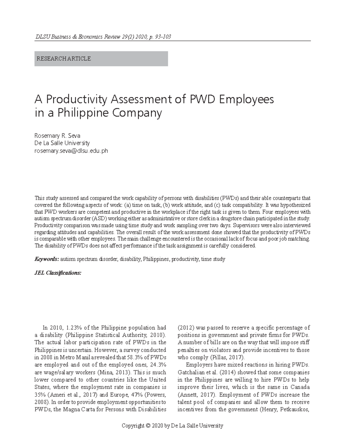 A Productivity Assessment of PWD Employees - DLSU Business & Economics ...