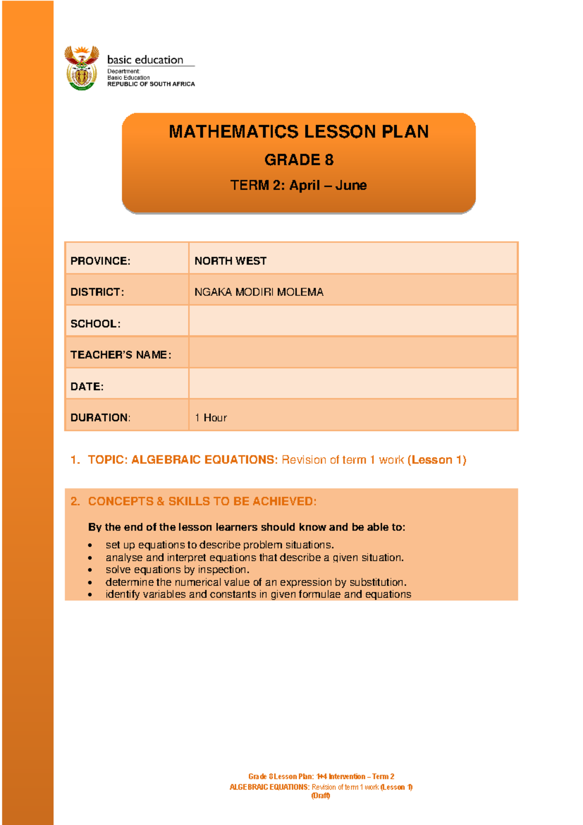 Finance term 3 banking and vat - Grade 8 Lesson Plan: 1+4 Intervention ...