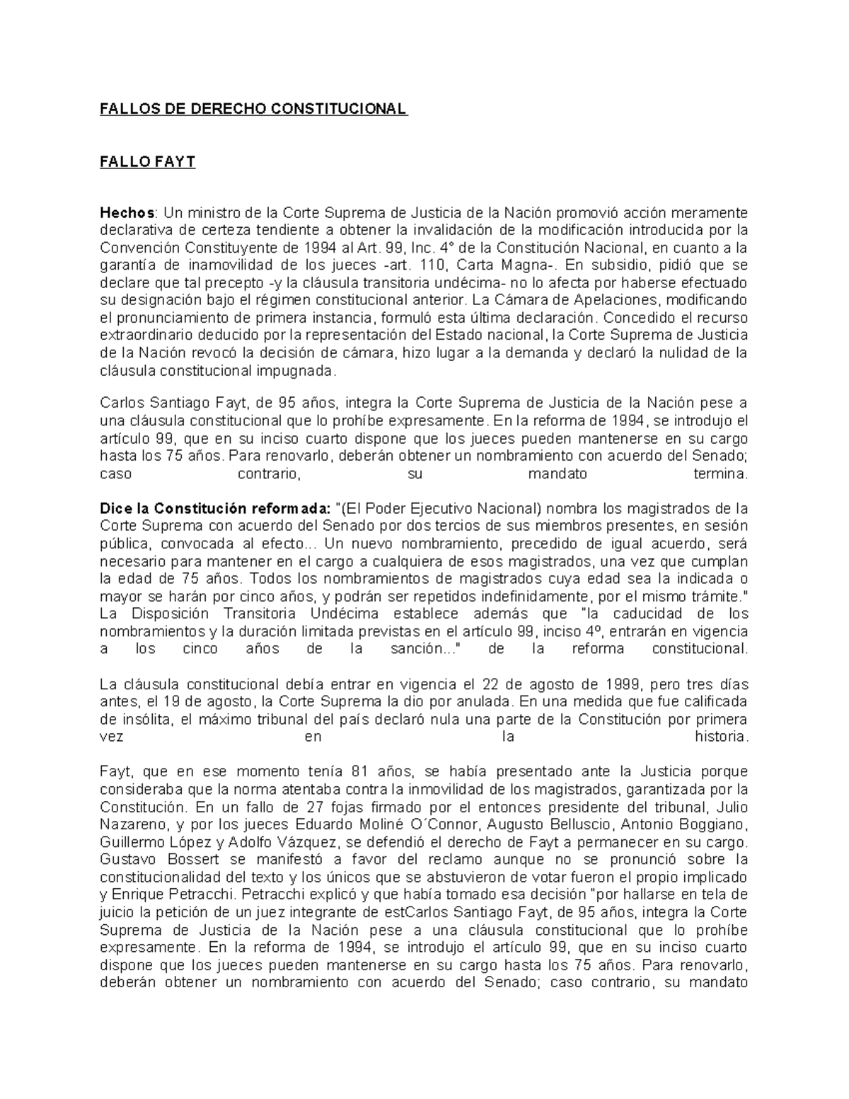 Fallos DE Derecho Constitucional - FALLOS DE DERECHO CONSTITUCIONAL FALLO FAYT Hechos: Un ...