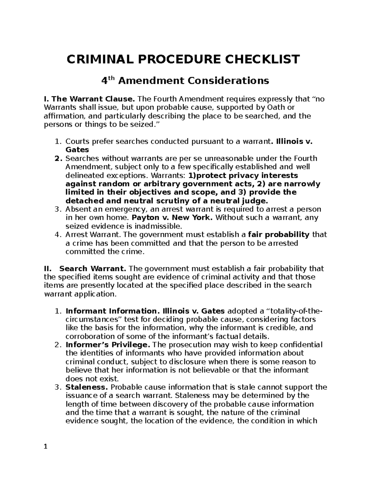 Crim Pro Checklist - CRIMINAL PROCEDURE CHECKLIST 4 th Amendment ...