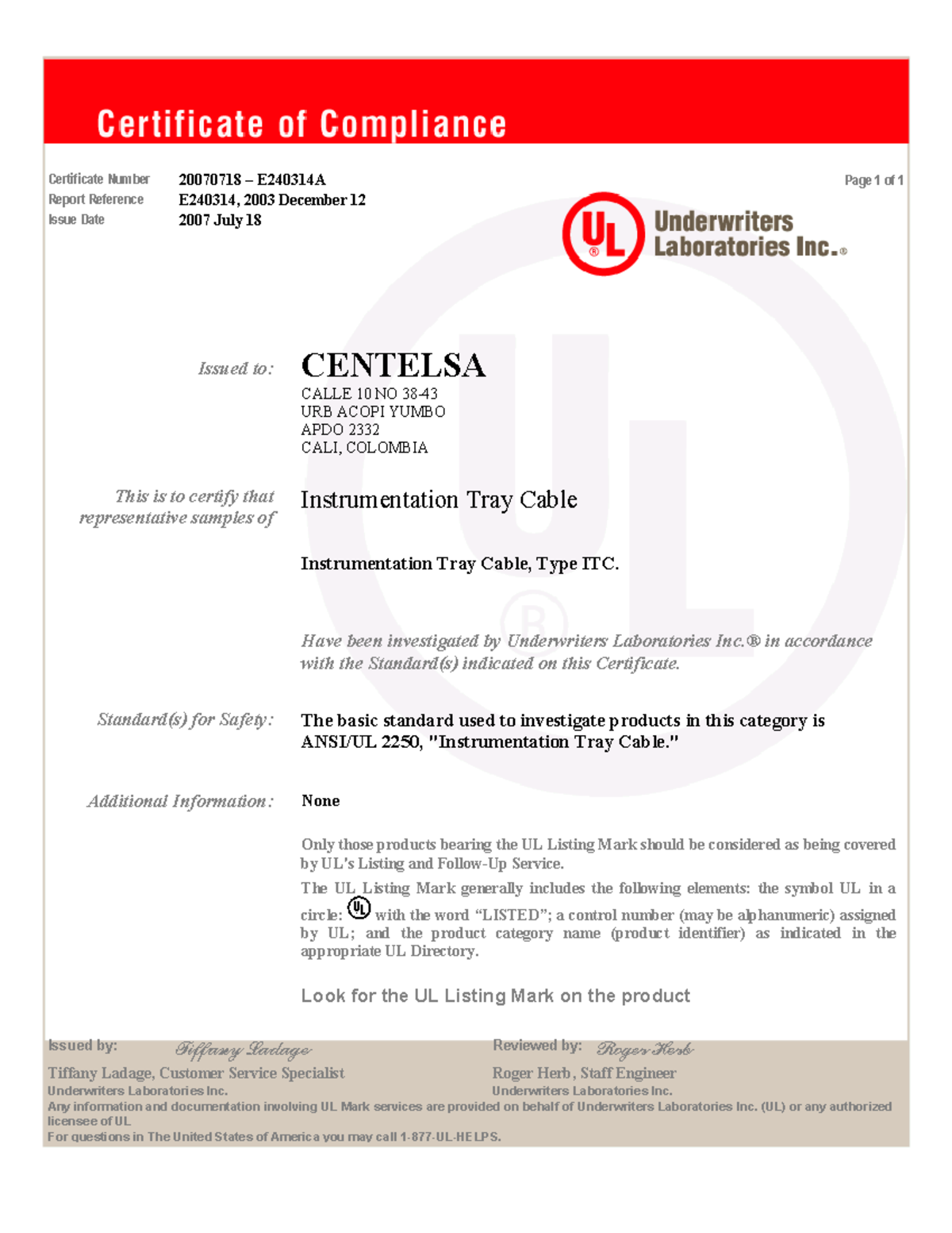 Certificado E240314 1 1 UL 2250 Cables de instrumentacion tipo ITC ...