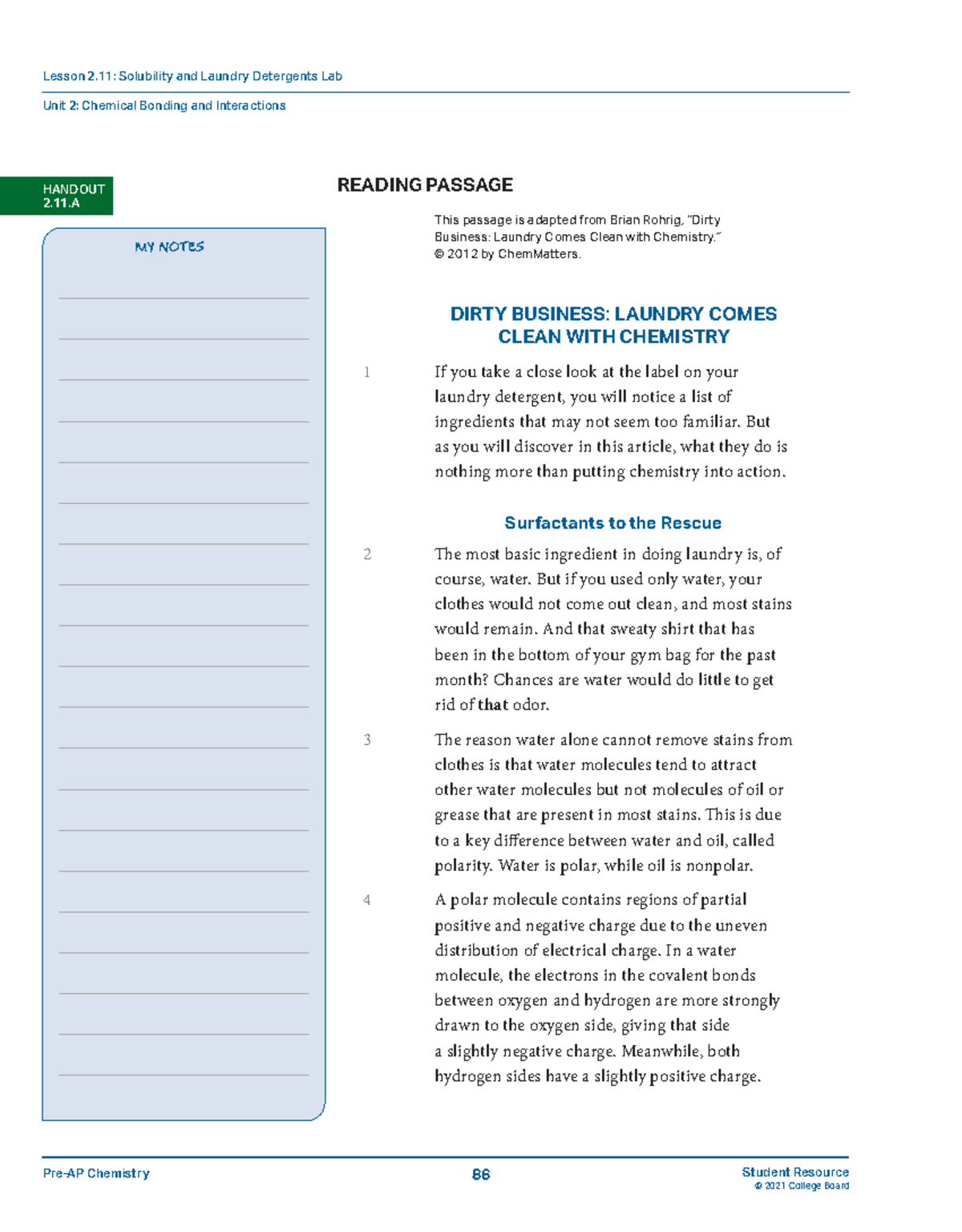 Solubility Lab Reading - Unit 2: Chemical Bonding and Interactions ...