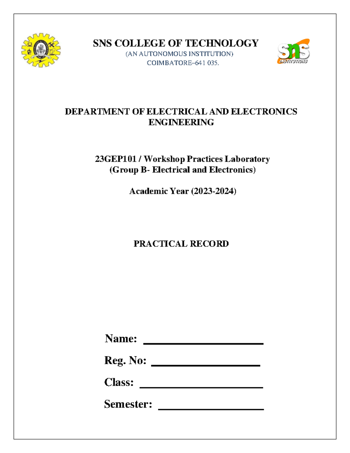 Wp Lab Front Page Electric Circuits Lab Manual Sns College Of Technology An Autonomous 