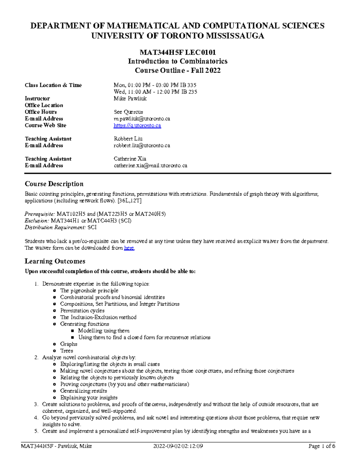 20229 MAT344H5F LEC0101 syllabus - DEPARTMENT OF MATHEMATICAL AND ...