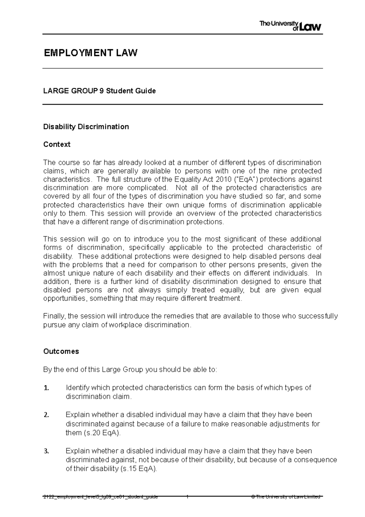 Disbaility discrimination - EMPLOYMENT LAW LARGE GROUP 9 Student Guide ...