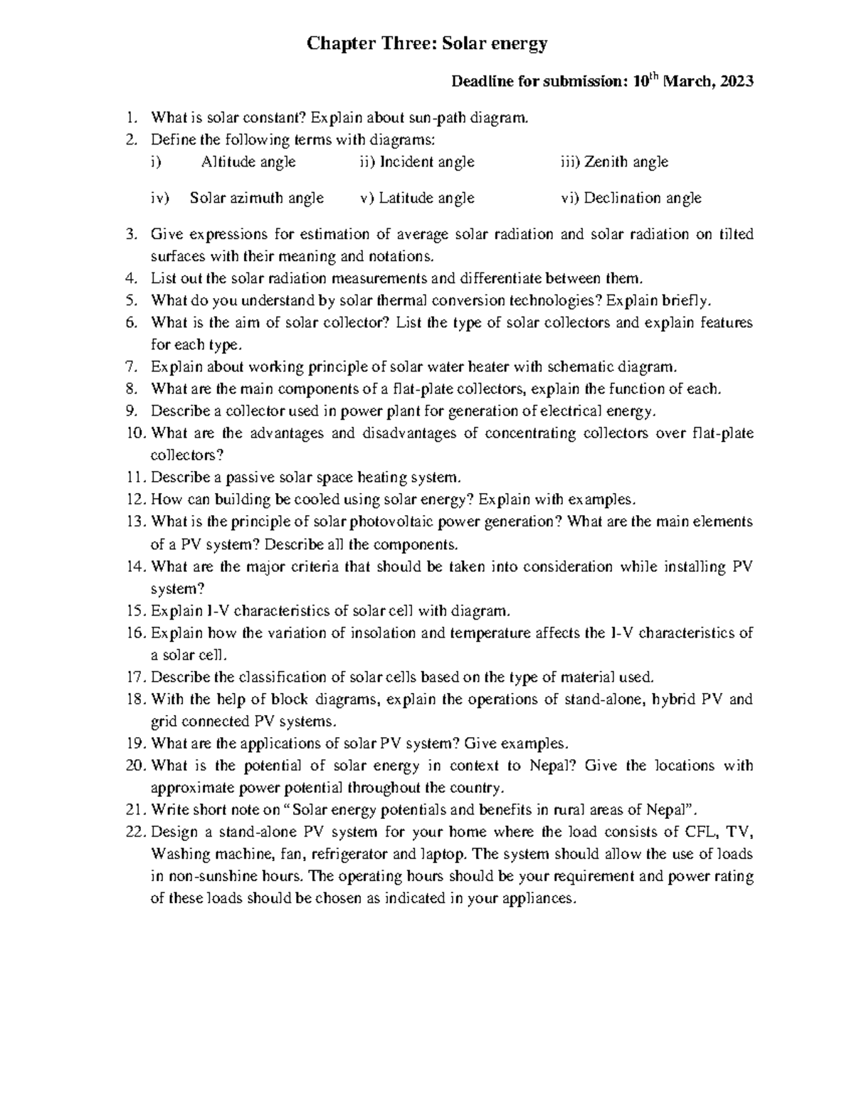 Assignment Solar Energy - Chapter Three: Solar energy Deadline for ...