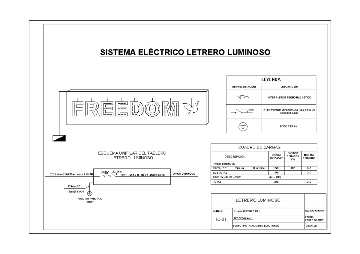 plano electrico - ESCALA: INDICADA : DETALLE: LETRERO LUMINOSO ...