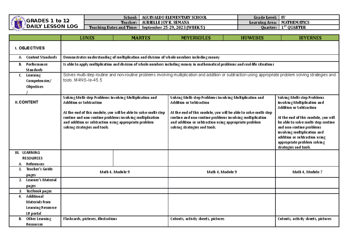 DLL Mathematics 4 Q1 W5 - dll - GRADES 1 to 12 DAILY LESSON LOG School ...