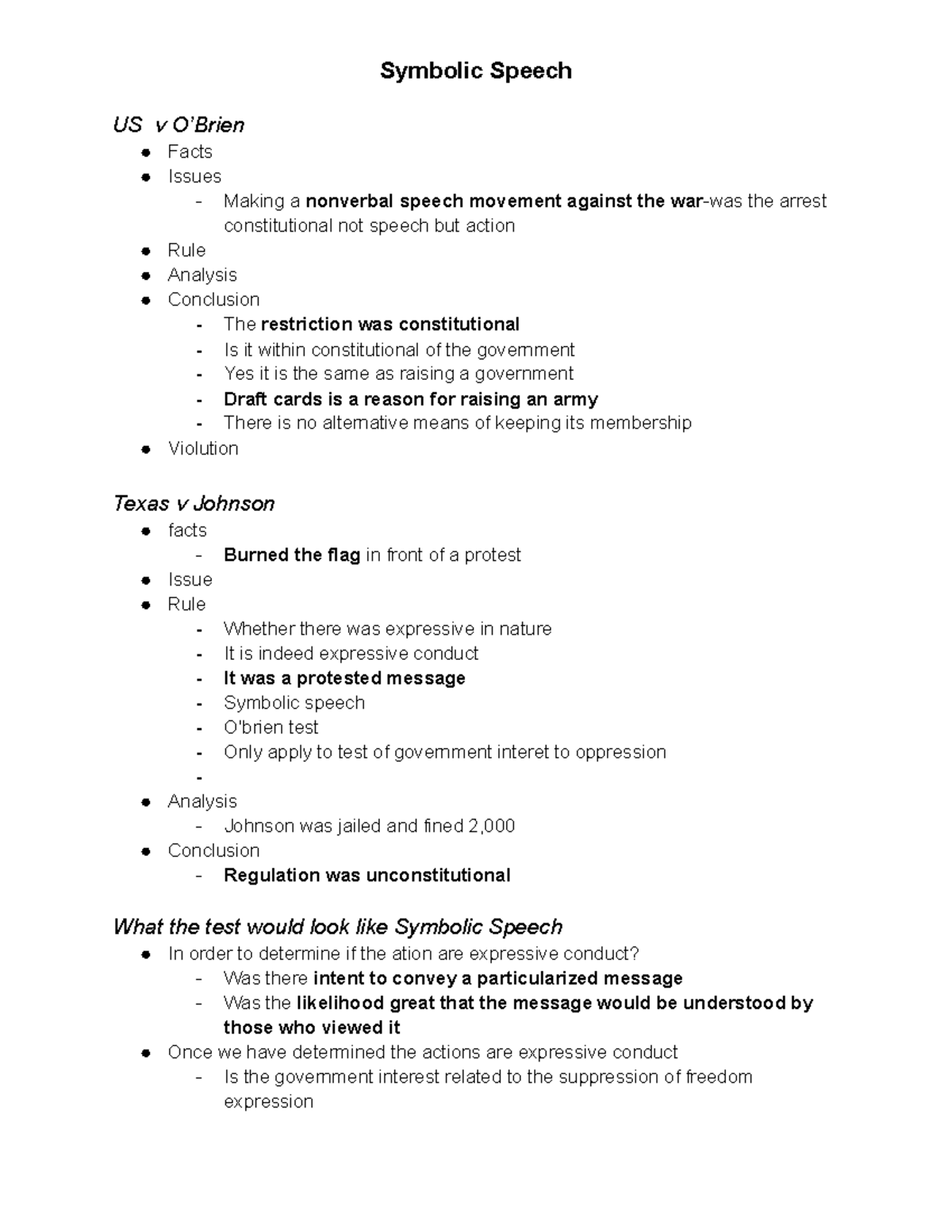 Week 4 Lecture Summary - Symbolic Speech US v O’Brien Facts Issues ...