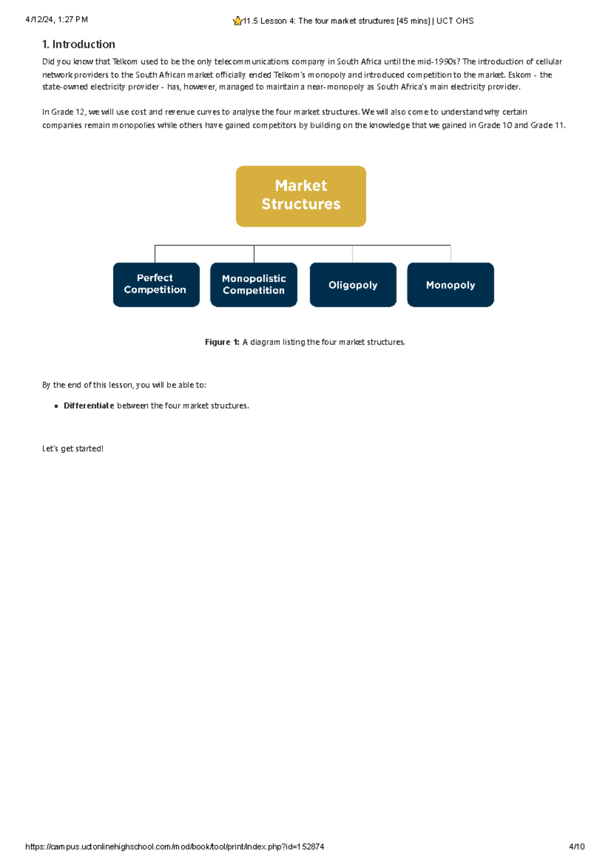 ⭐11.5 Lesson 4 The four market structures [45 mins] UCT OHS - 4/12/24 ...