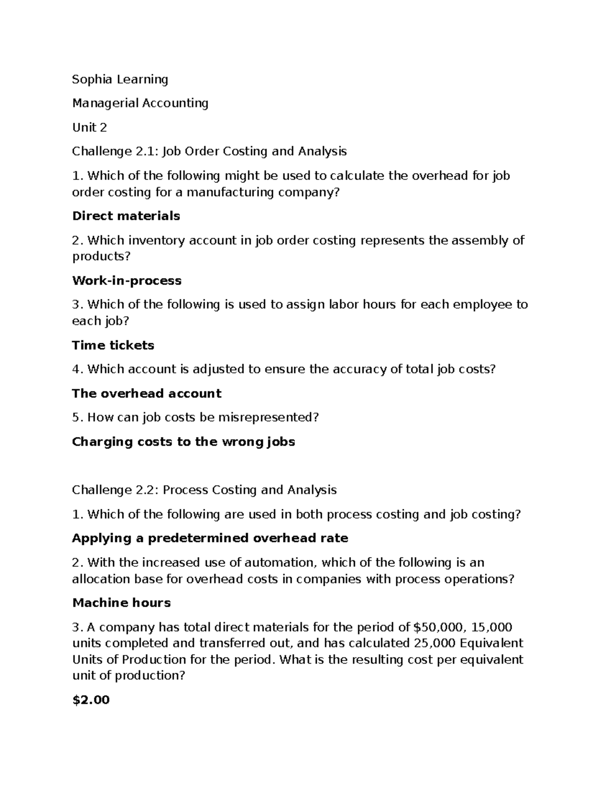 Managerial Accounting Unit 2 Sophia Learning Managerial Accounting