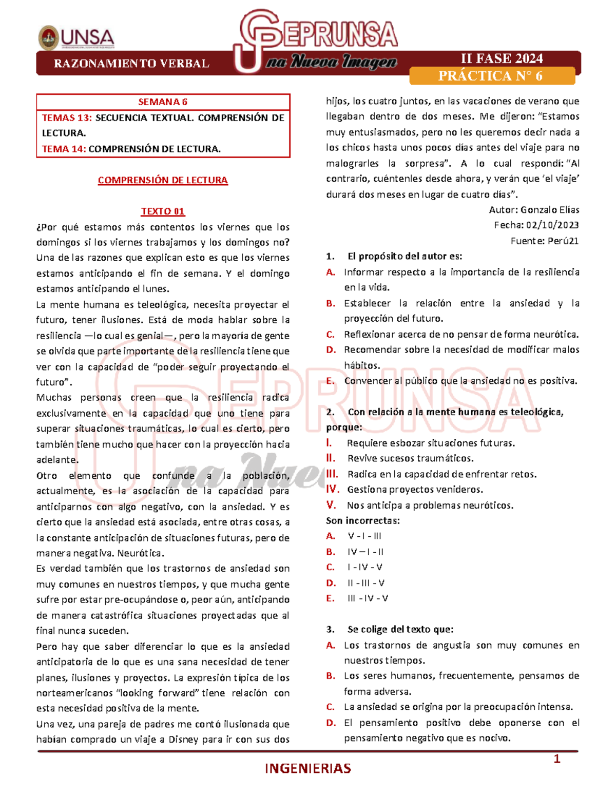 Practica 6 Razonamiento Verbal II FASE 2024 - 1 PRÁCTICA N° 6 SEMANA 6 ...