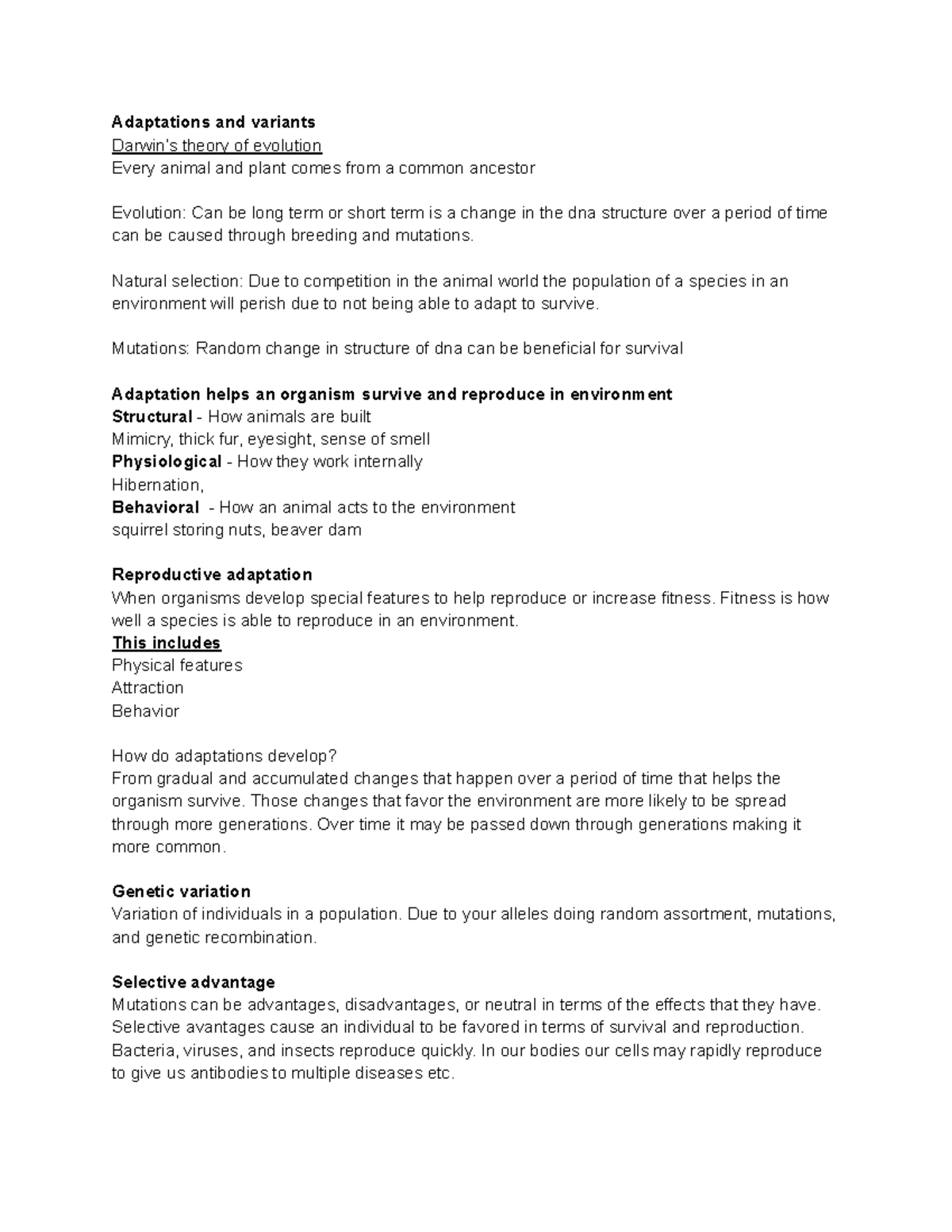 Evolution notes - Adaptations and variants Darwin’s theory of evolution ...
