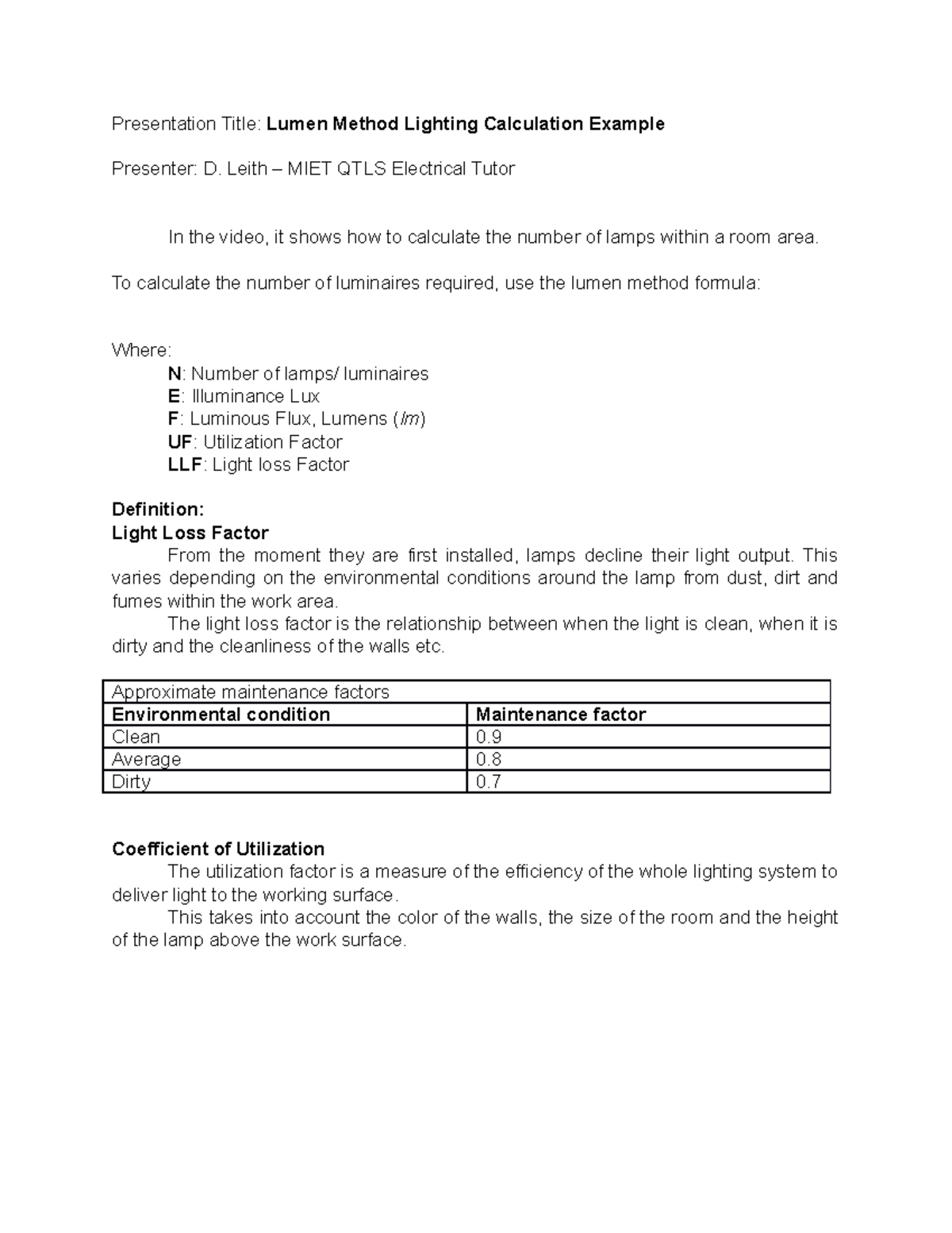 Lumen Method Calculations - Presentation Title: Lumen Method Lighting ...