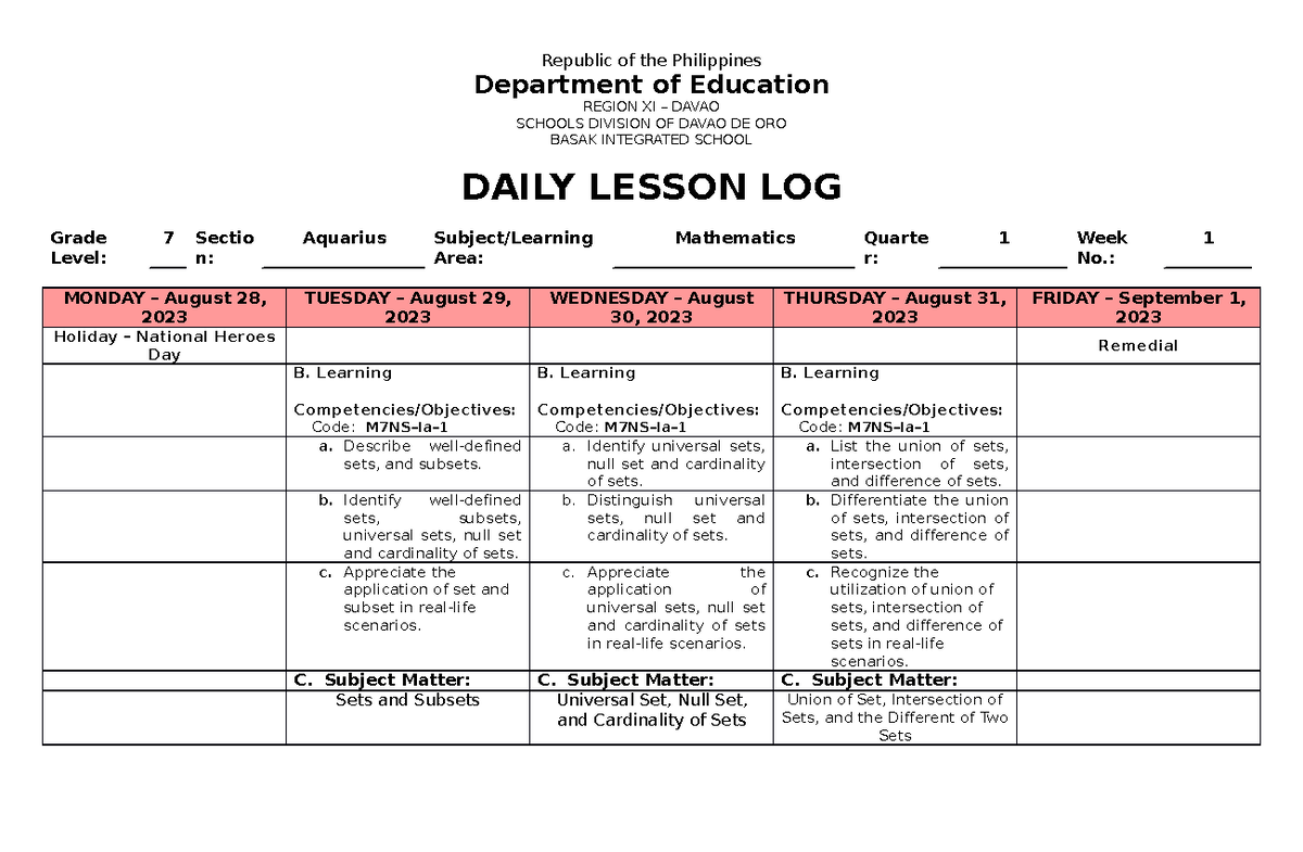 Week 1 - Math 7 - Daily Lesson Log on Mathematics 7 - Department of ...