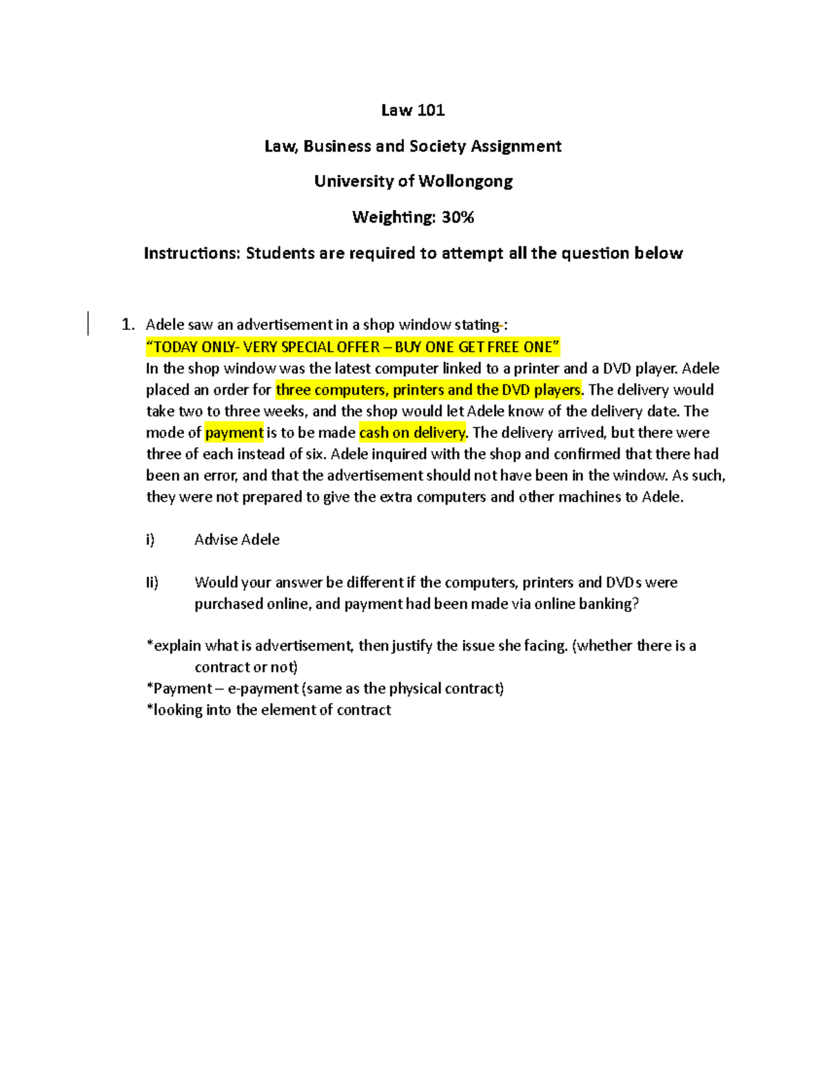 LAW101 Assignment Question - Law 101 Law, Business and Society ...