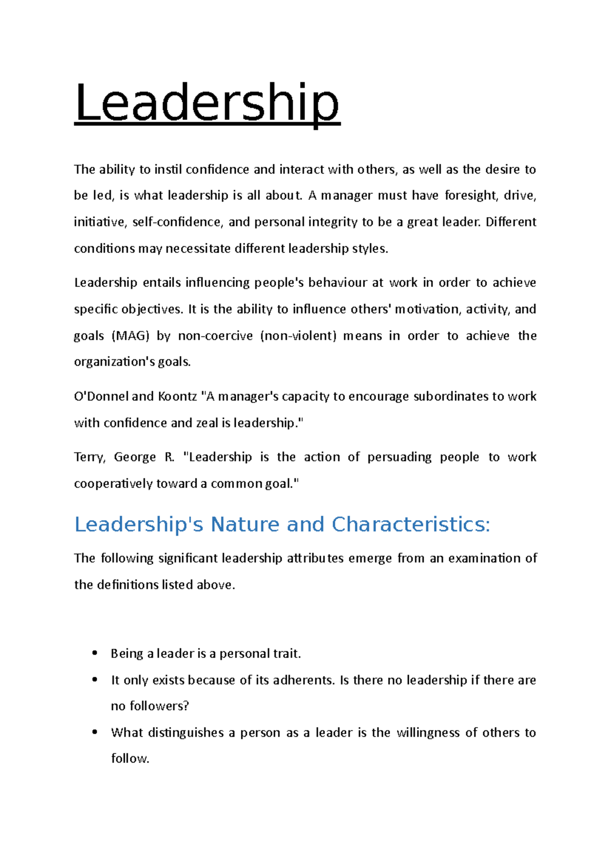 Brief note on Leadership - Leadership The ability to instil confidence ...