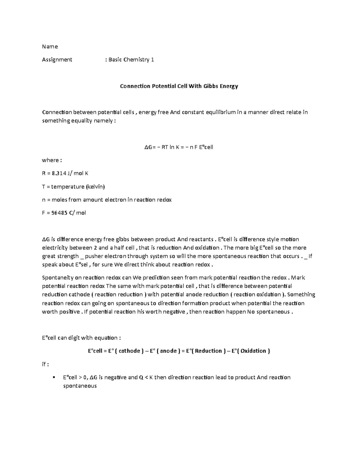 Connection Potential Cell With Gibbs Energy - Name Assignment : Basic ...
