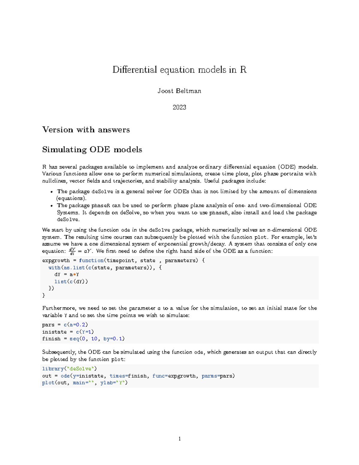 ODE models solutions - Differential equation models in R Joost Beltman ...