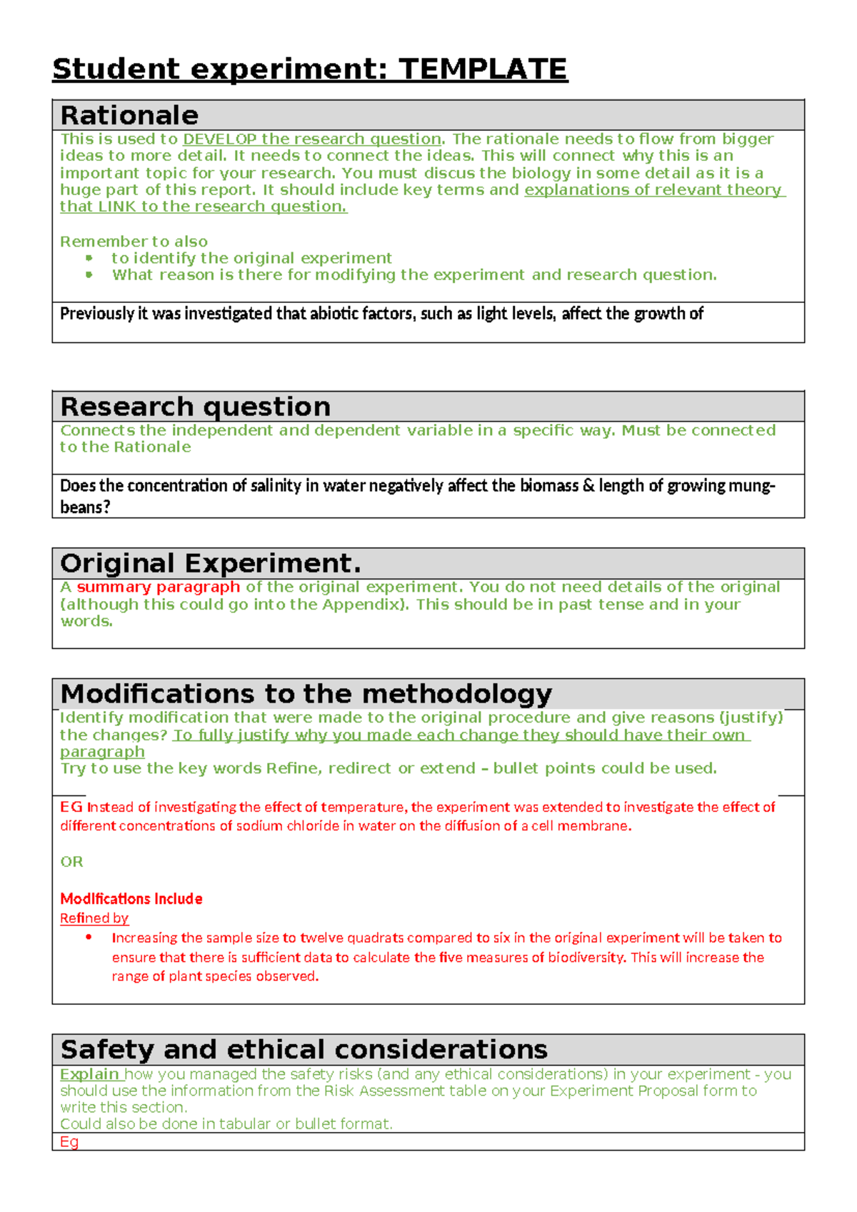 Student Experiment report - Student experiment: TEMPLATE Rationale This is used to DEVELOP the ...