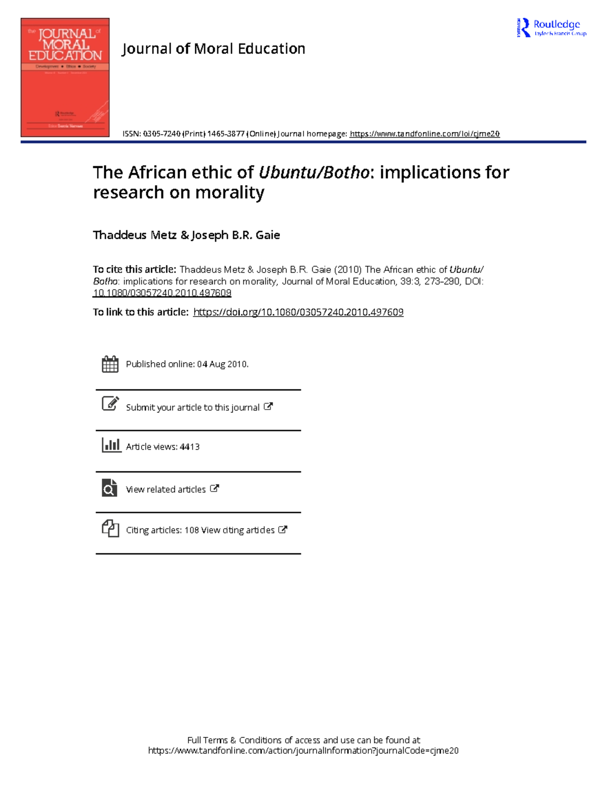 The African ethic of Ubuntu Botho implications for research on morality ...