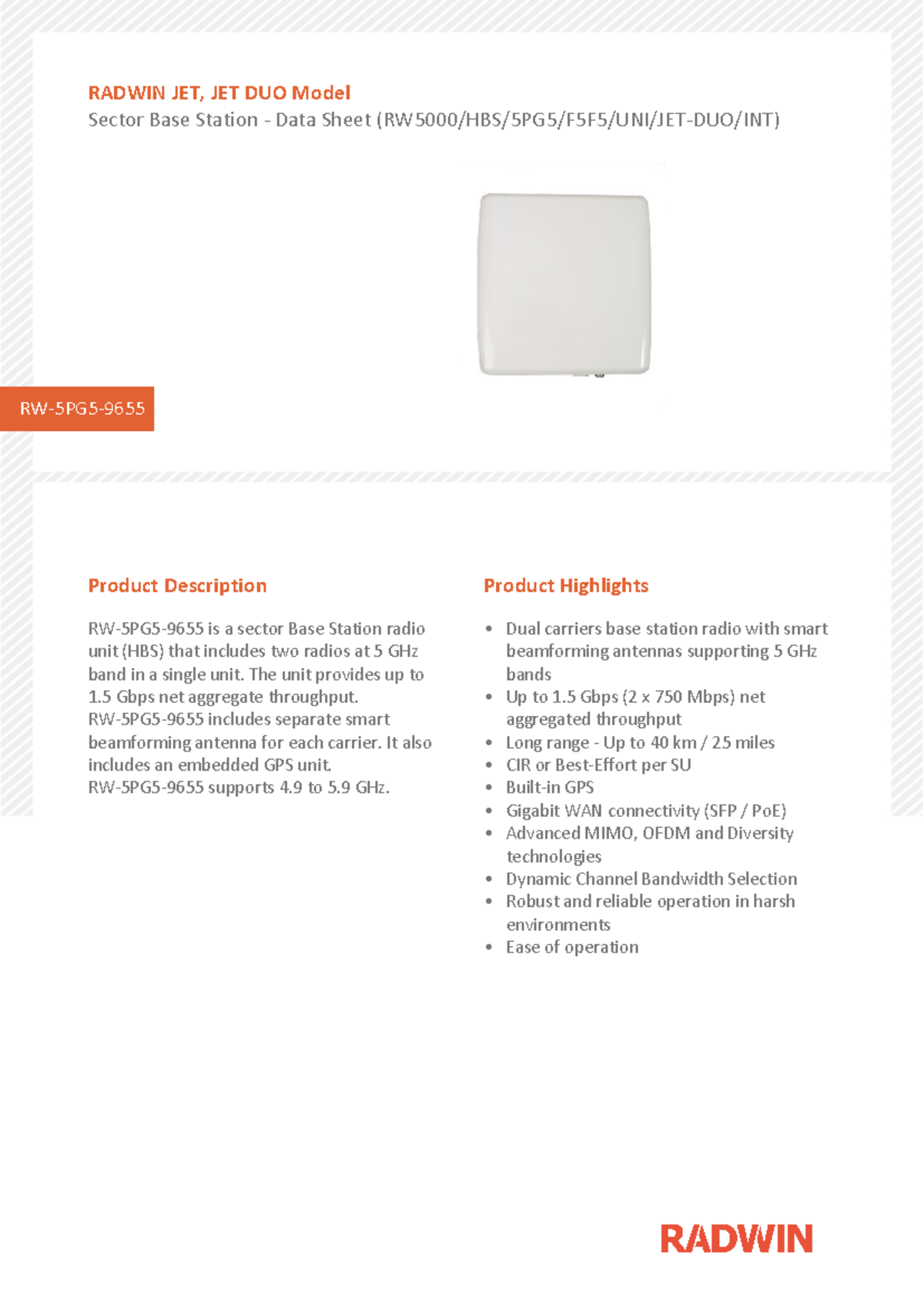RW-5PG5-9655 - RADWIN JET, JET DUO Model Sector Base Station - Data ...