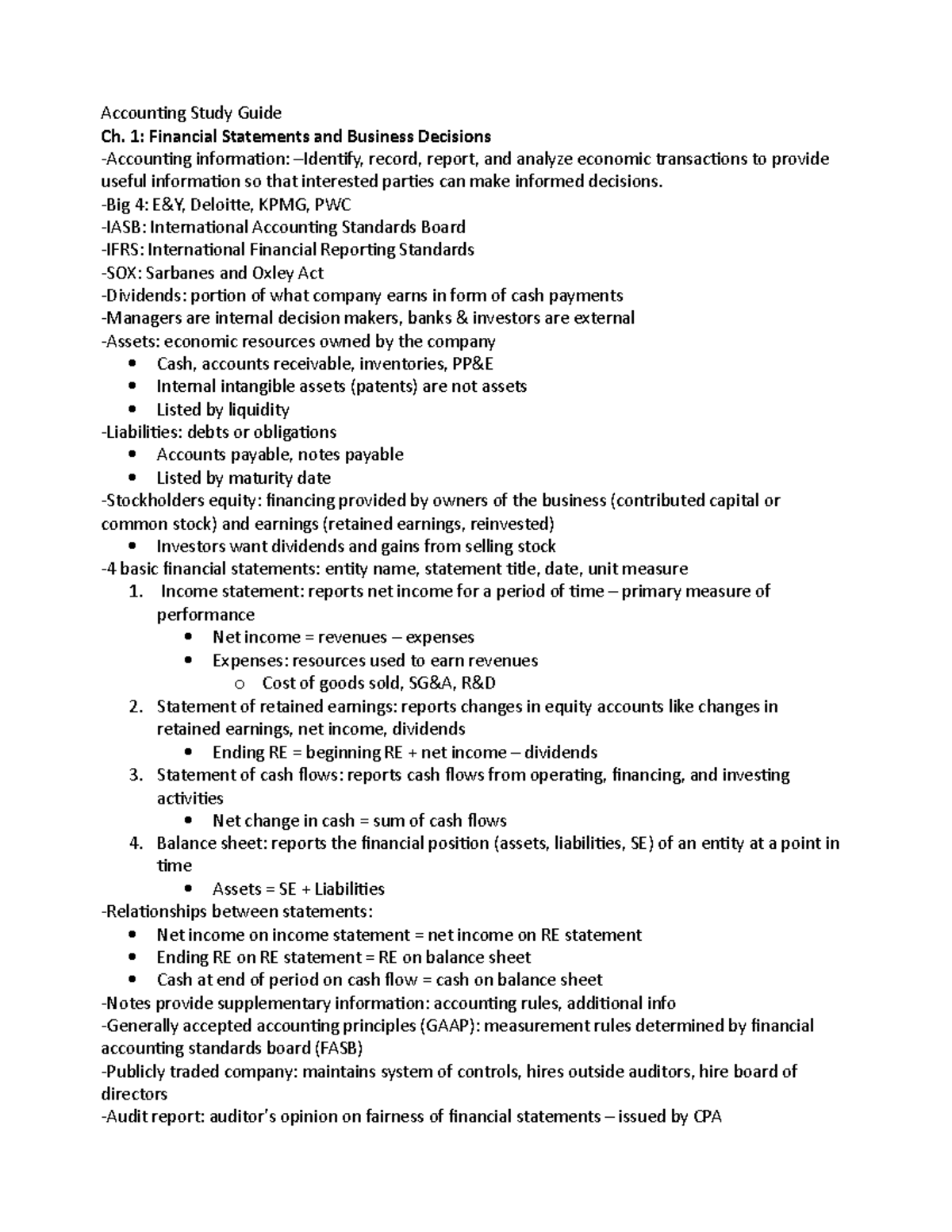 Accounting 2610 Study Guide - Accounting Study Guide Ch. 1: Financial ...