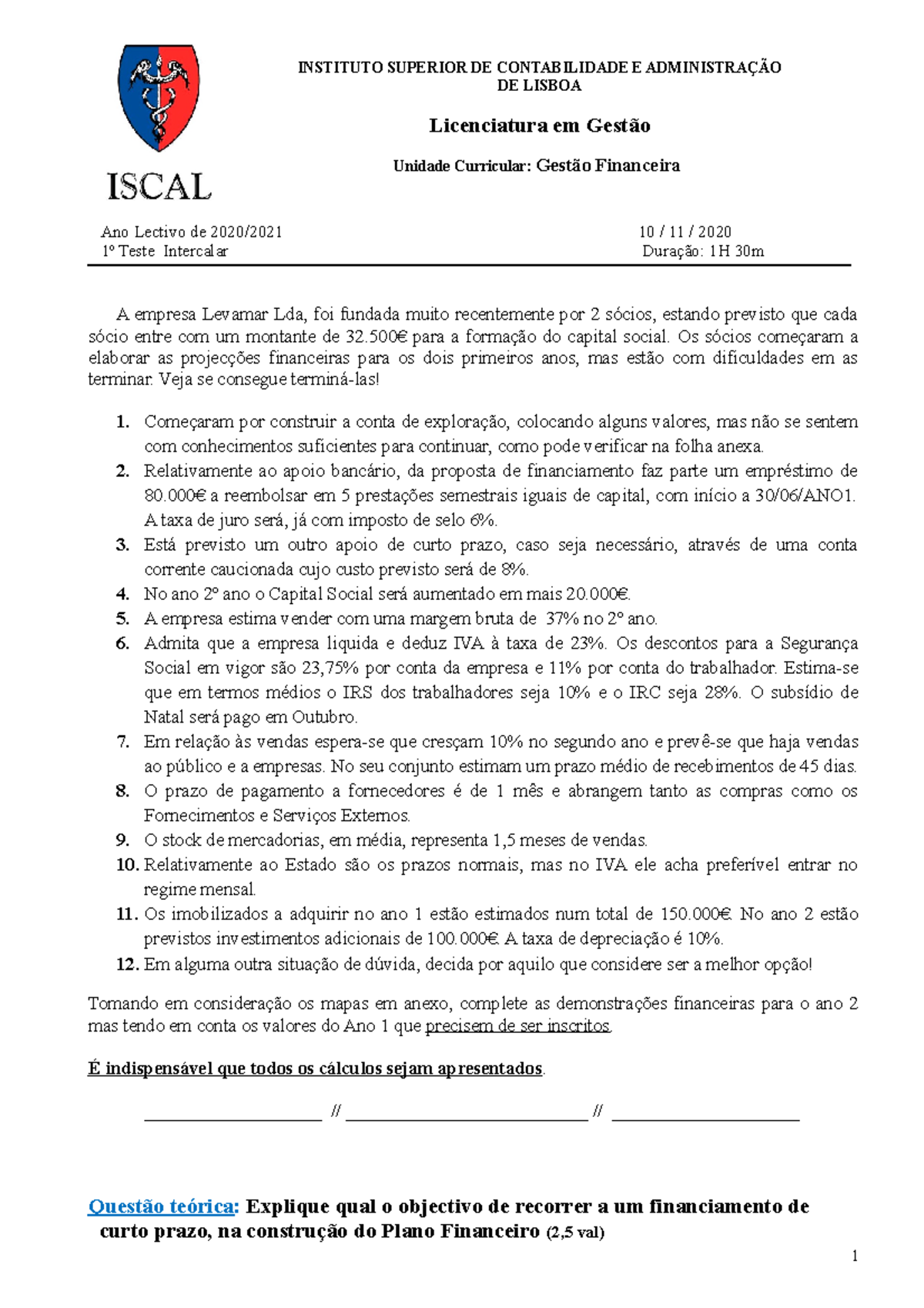1º teste intercalar (A).2020 2021 - Ano Lectivo de 2020/2021 10 / 11 ...