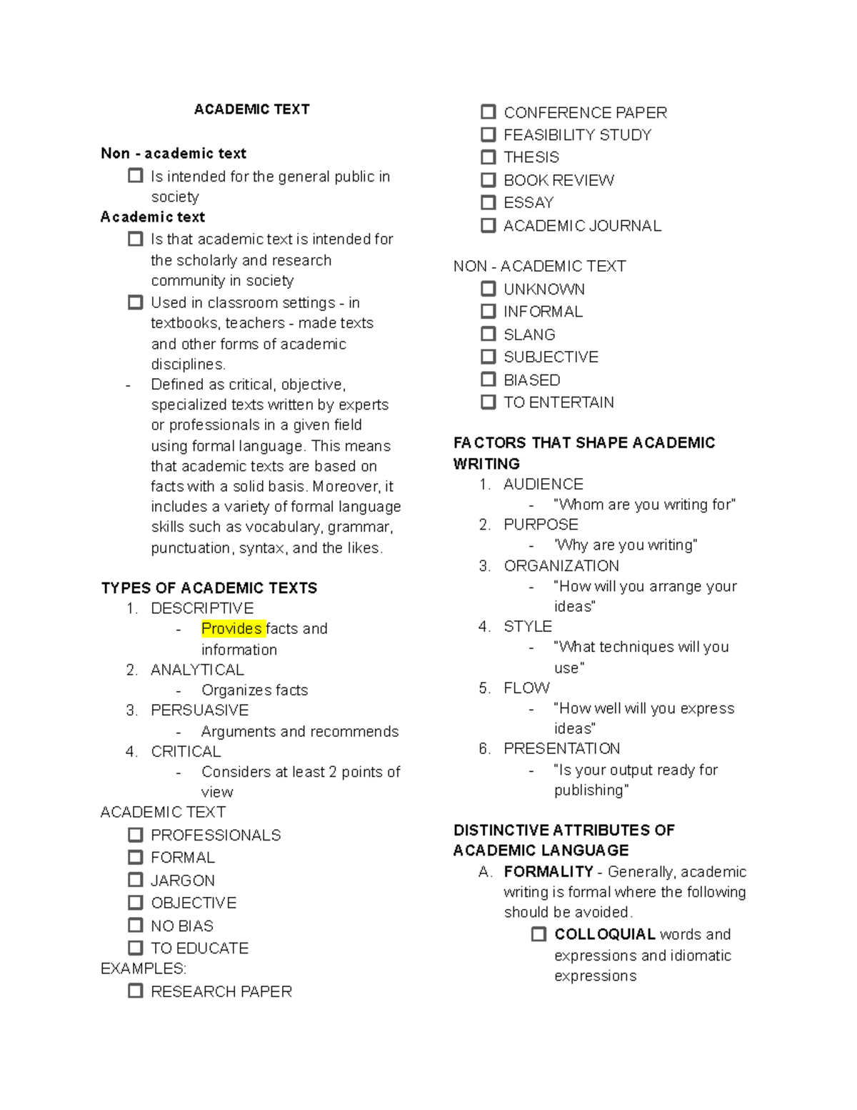 EAPP - ACADEMIC TEXT Non - academic text Is intended for the general ...