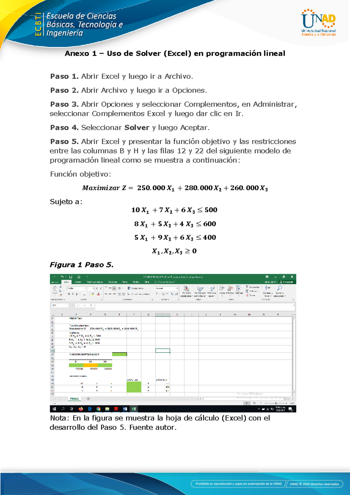 Anexo 1 - Uso de Solver (Excel) en programación lineal - Abrir Excel y ...