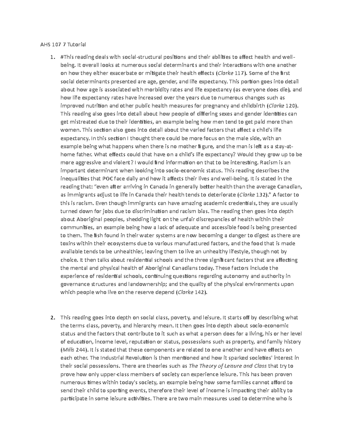 University of Waterloo AHS107 Tutorial #7 First Year - AHS 107 7 ...