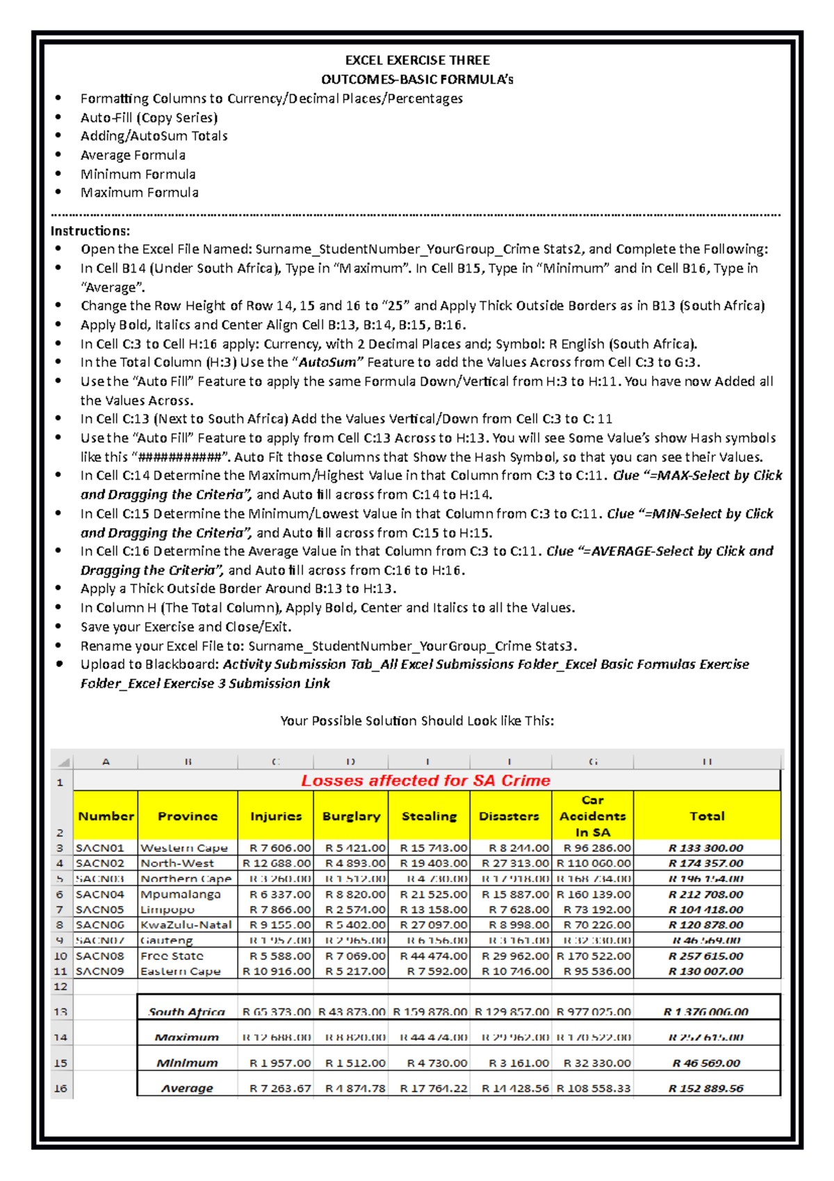 Excel Exercise 3 Basic Formulas - EXCEL EXERCISE THREE OUTCOMES-BASIC FORMULA’s Formatting ...