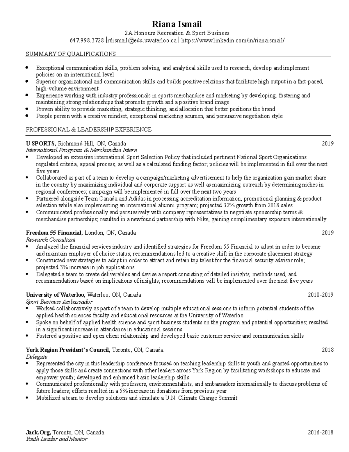 PD 1 Resume - Riana Ismail 2A Honours Recreation & Sport Business 647. ...