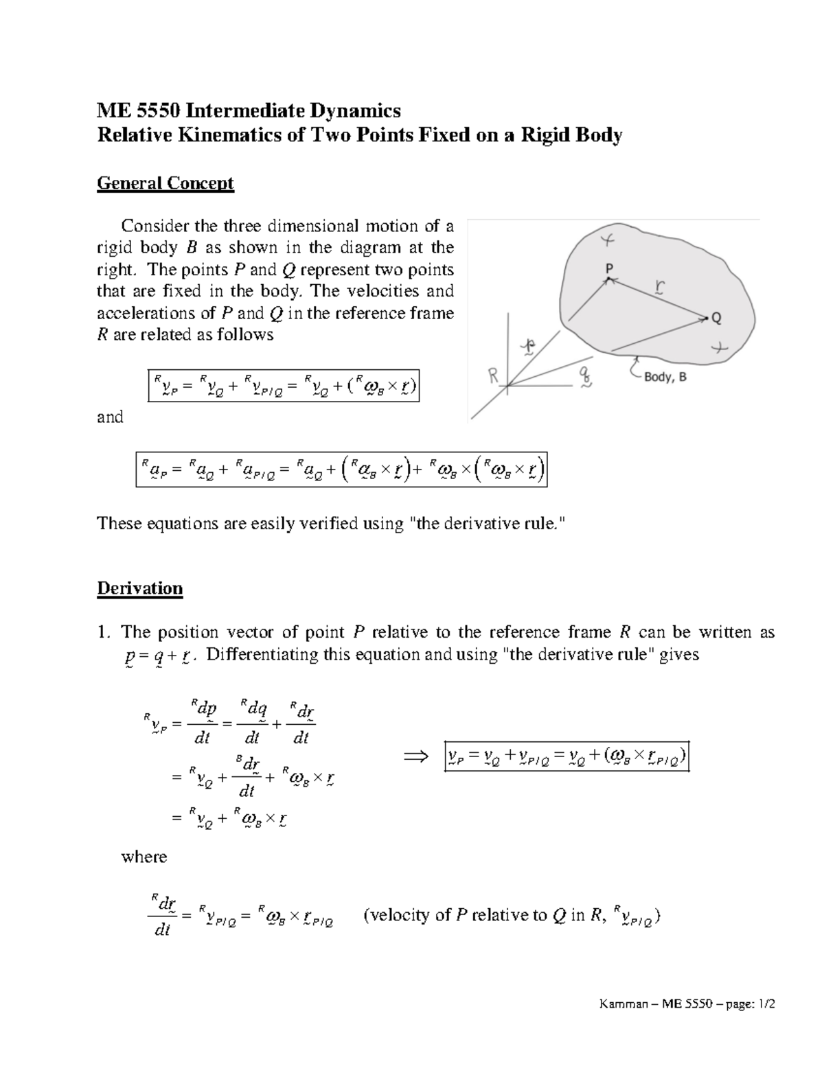 Me555Two Points Rigid Body - Kamman – ME 5550 – page: 1/ ME 5550 Intermediate Dynamics Relative ...
