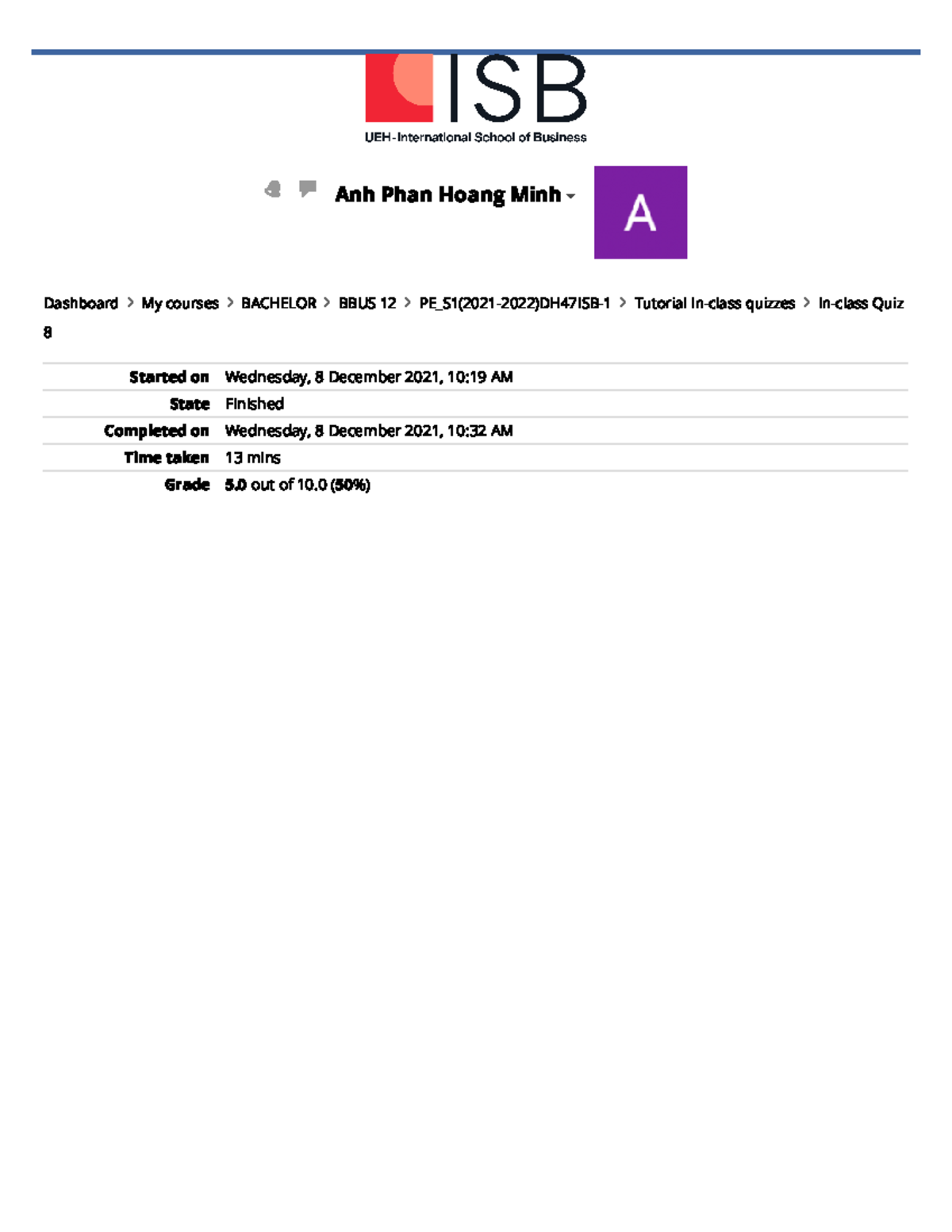 In class Quiz 8 - ngvh - Started on Wednesday, 8 December 2021, 10:19 ...