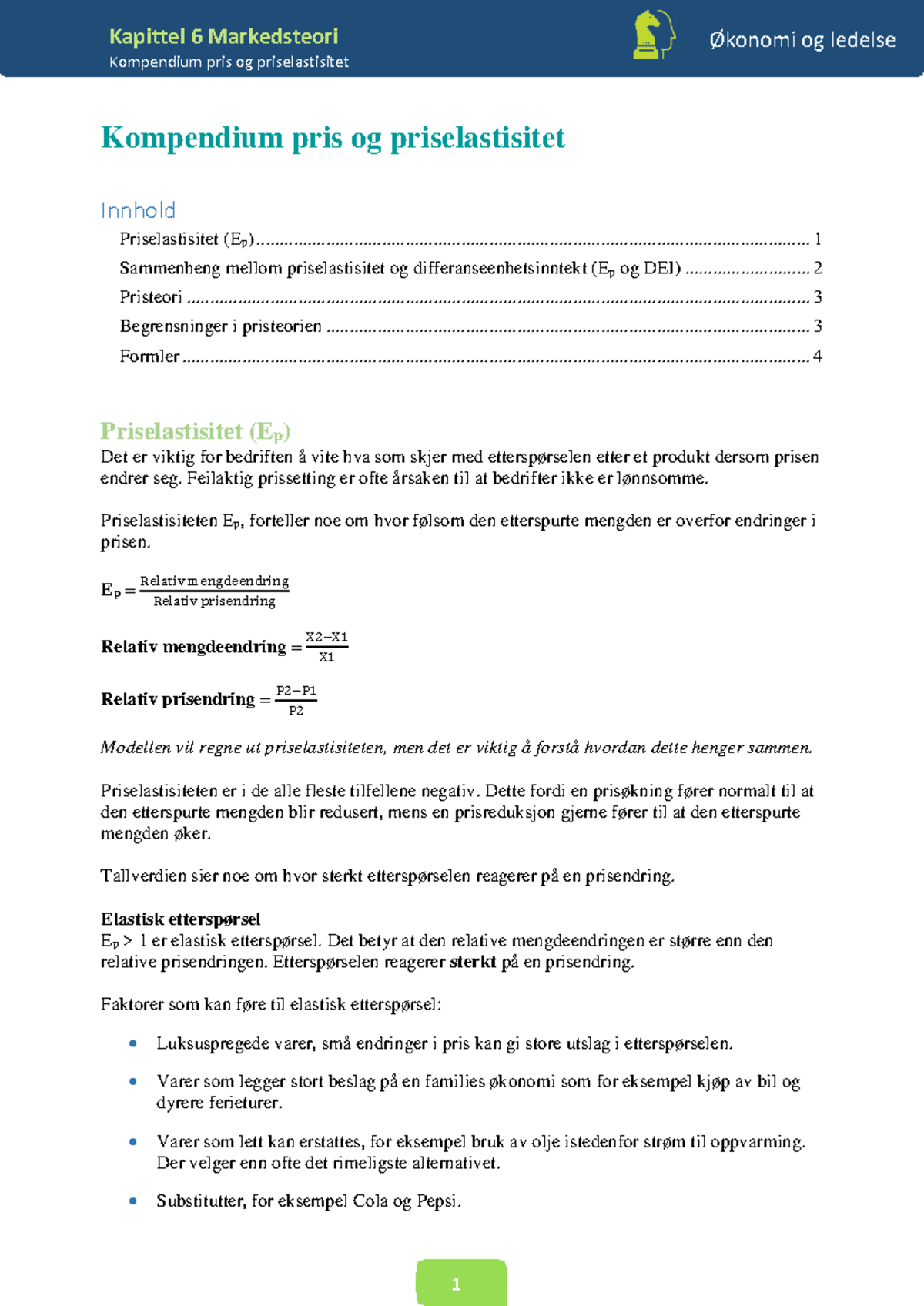 Kompendium Pris og priselastisitet - Kompendium pris og priselastisitet Kompendium pris og - Studocu