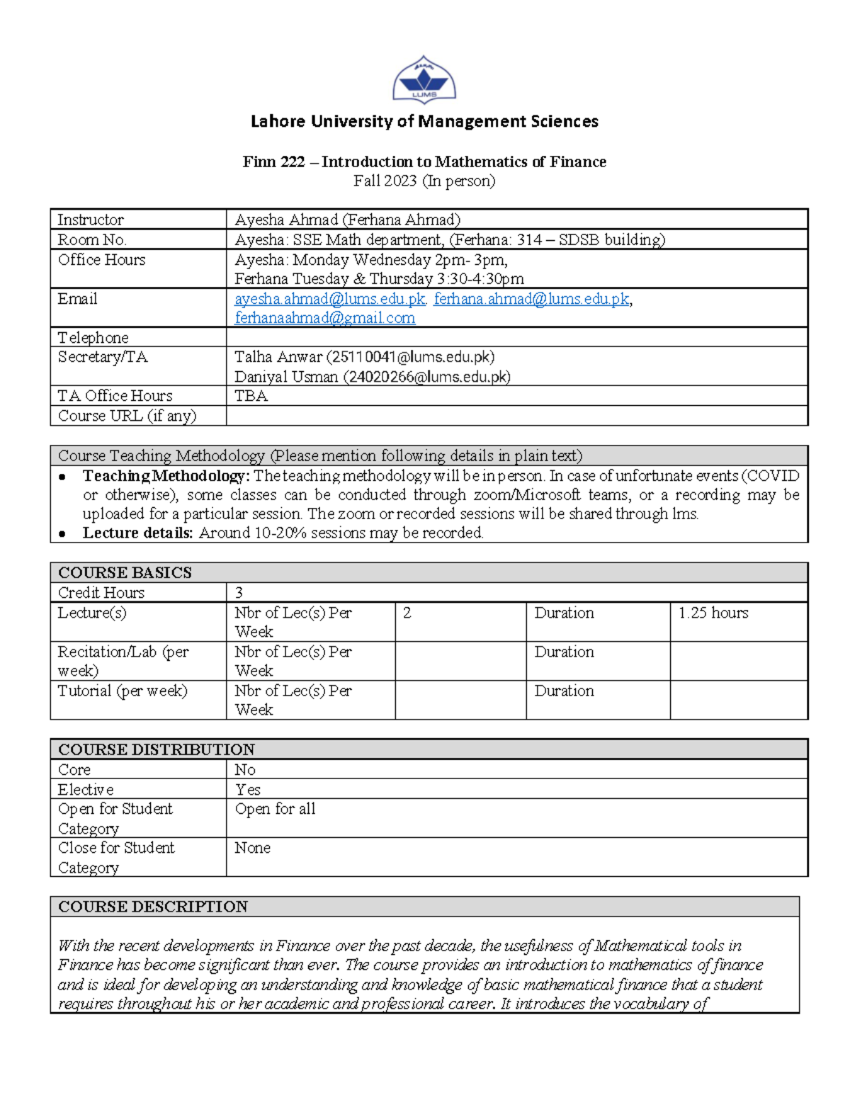 Introduction to Mathematics of Finance - Ayesha: SSE Math department ...