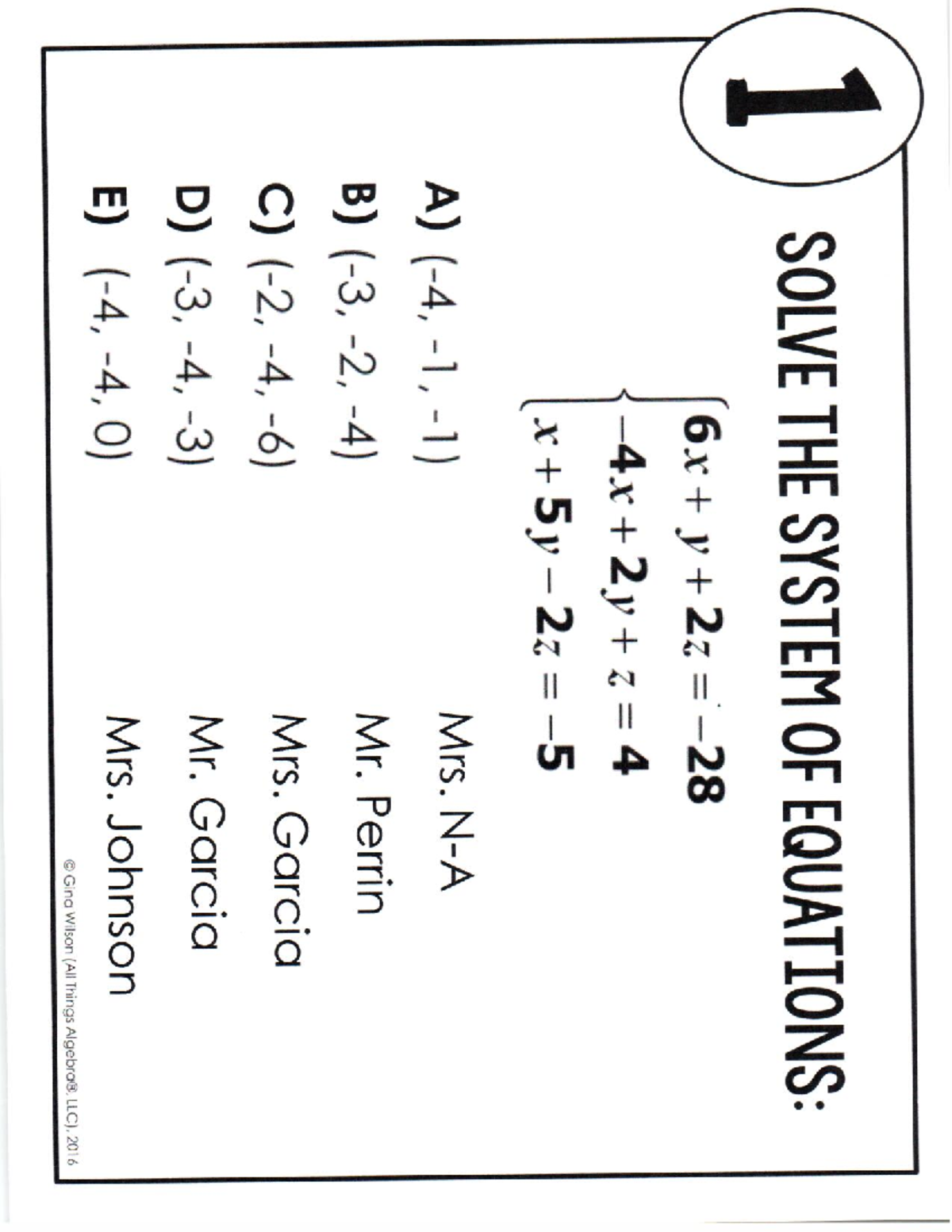 Systems+mad+lib+activity - 1 SOLVE THE SYSTEM OF EQUATIONS: x 5y 2z A ...