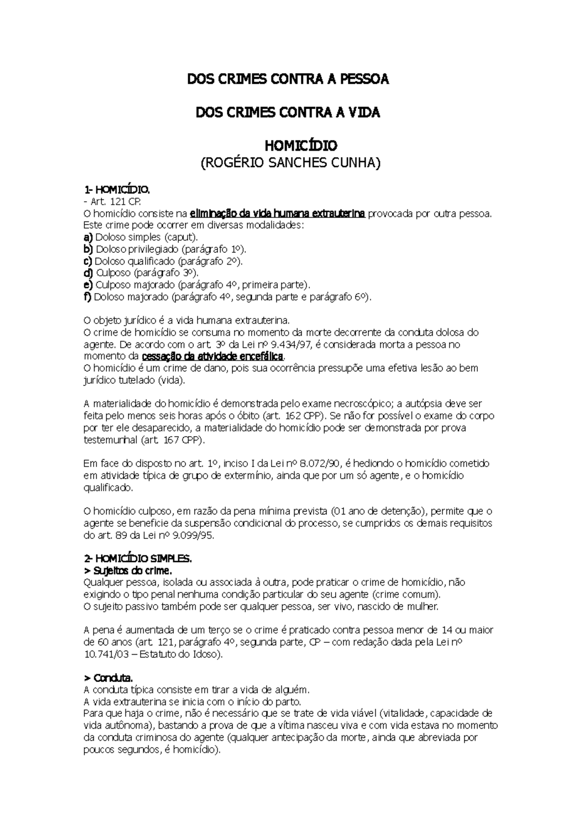 Dos crimes contra a vida - Homicídio - Rogério Sanches Cunha - DOS CRIMES CONTRA A PESSOA DOS ...