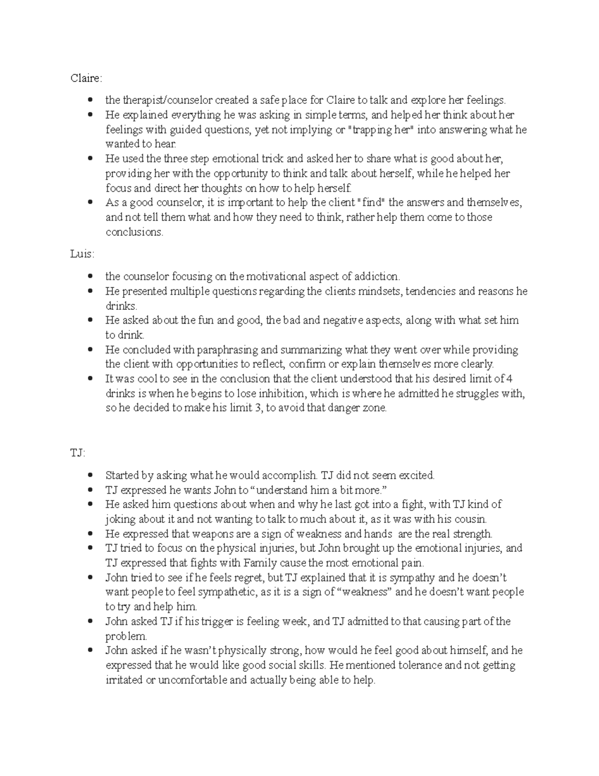 PSYC 491 Observation Paper Notes - Claire: the therapist/counselor ...