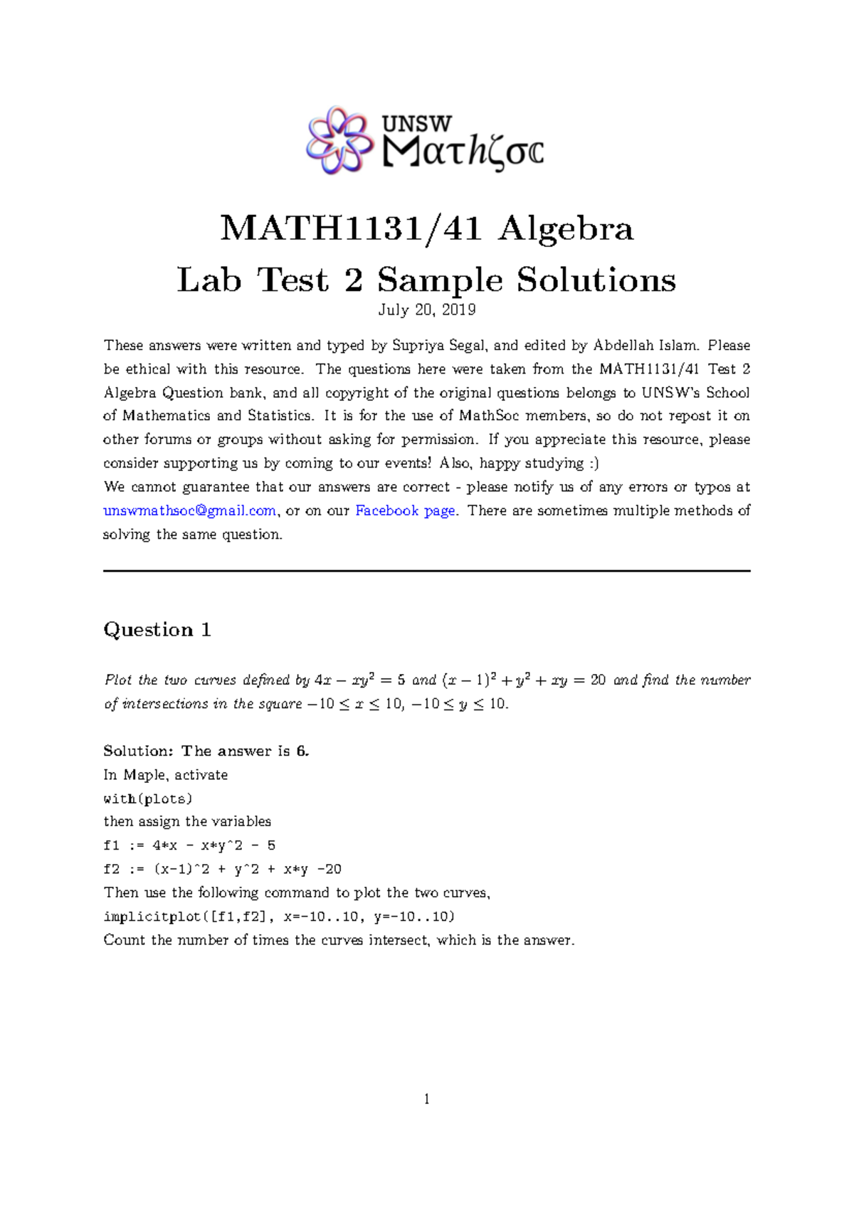 MATH1131-Maple-Coding - MATH1131/41 Algebra Lab Test 2 Sample Solutions ...