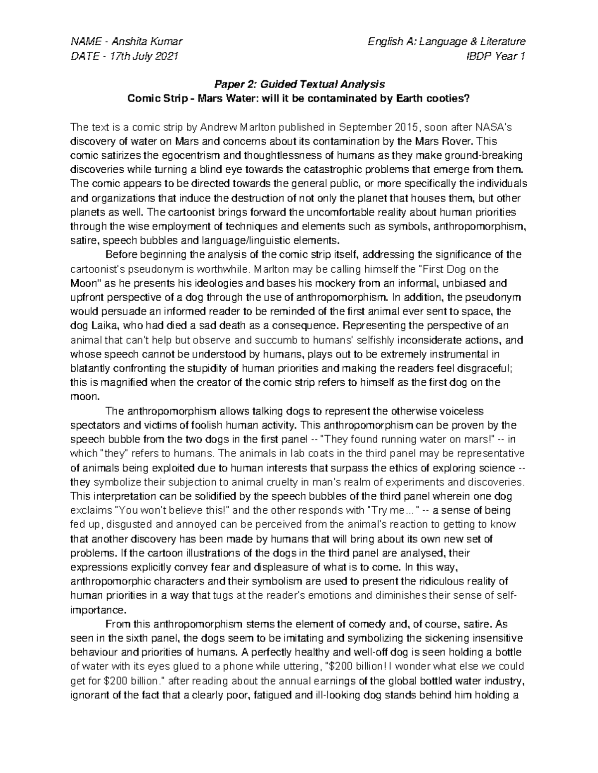 Assignment 1 Comic Strip Analysis Mars Water NAME Anshita Kumar English A Language assignment-1-comic-strip-analysis-mars-water-name-anshita-kumar-english-a-language