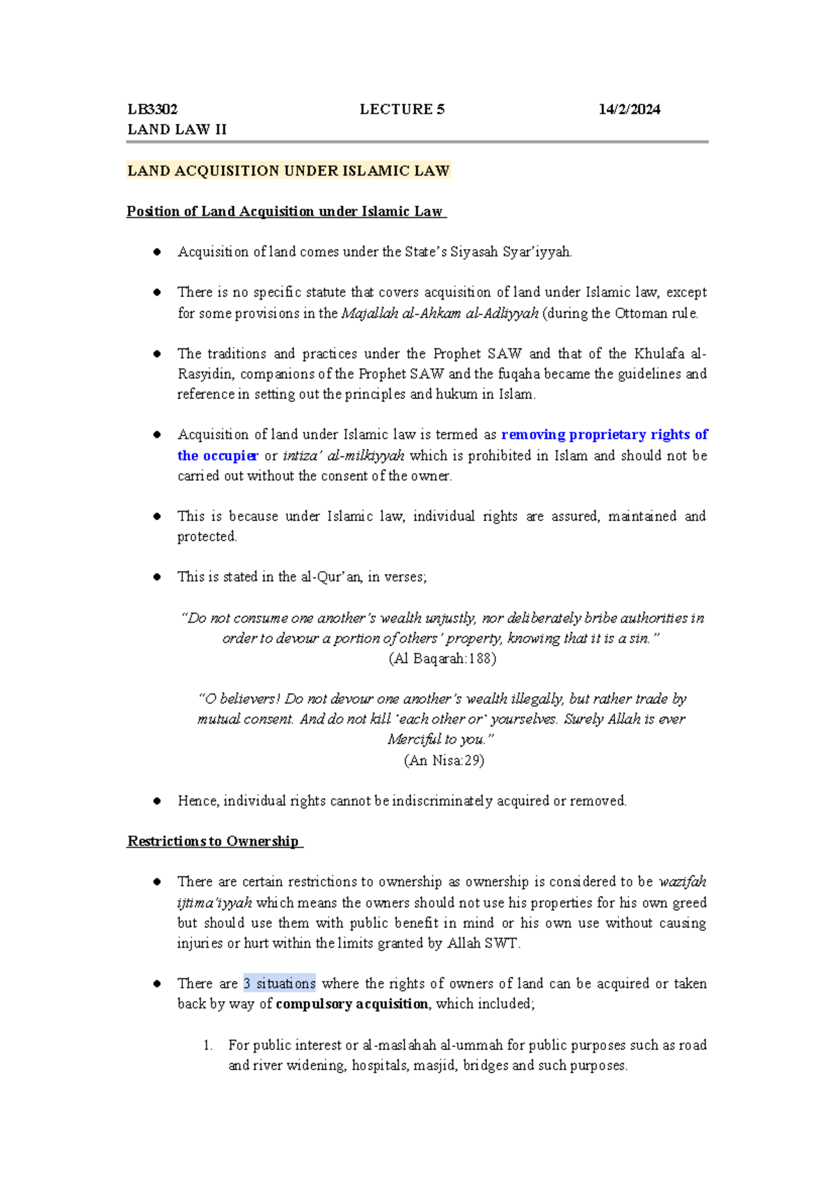 [ LB3302 ] 5. Land Acquisition under Islamic Law - LB3302 LECTURE 5 14 ...