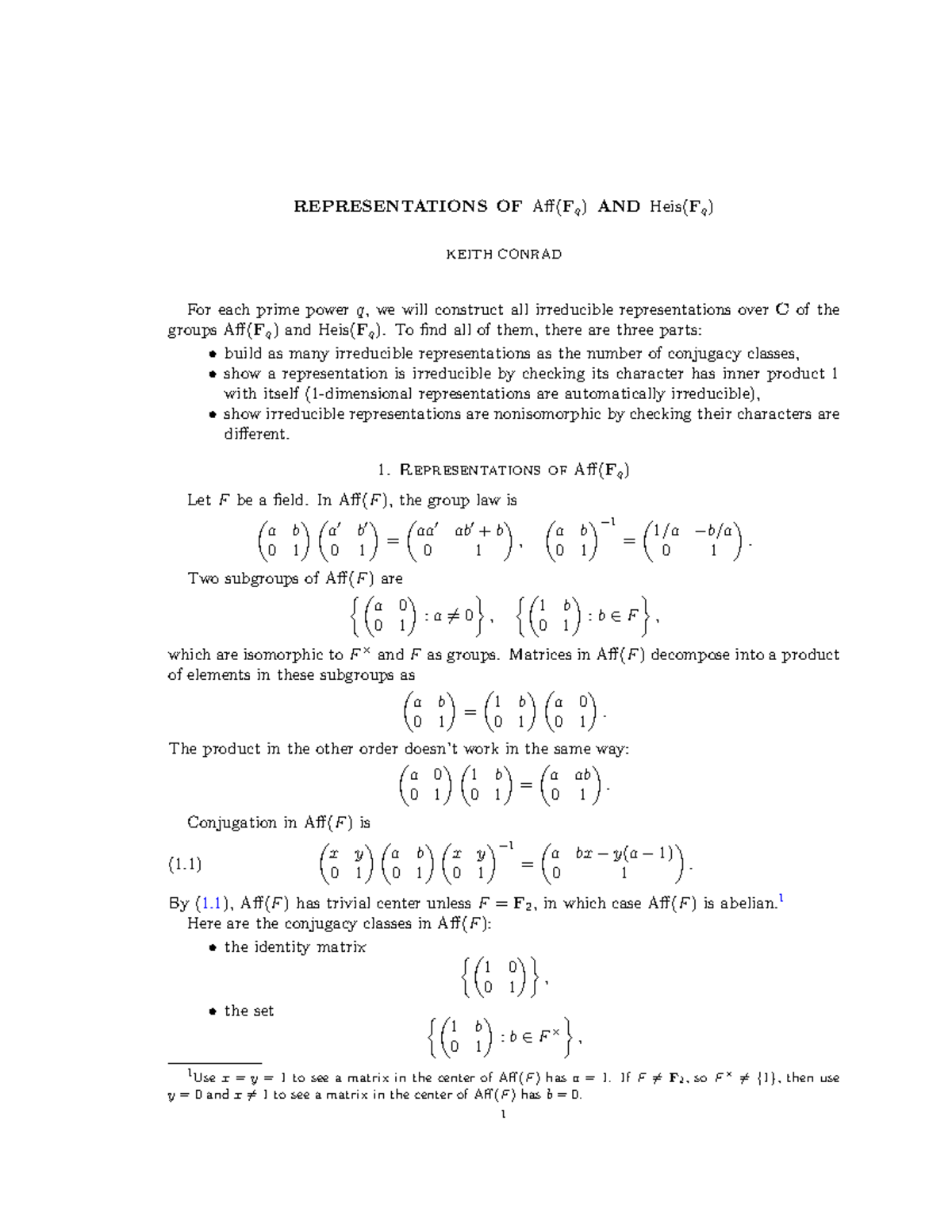 Affineheisrep - NOTES FOR COURSE - REPRESENTATIONS OF Aff(Fq) AND Heis ...