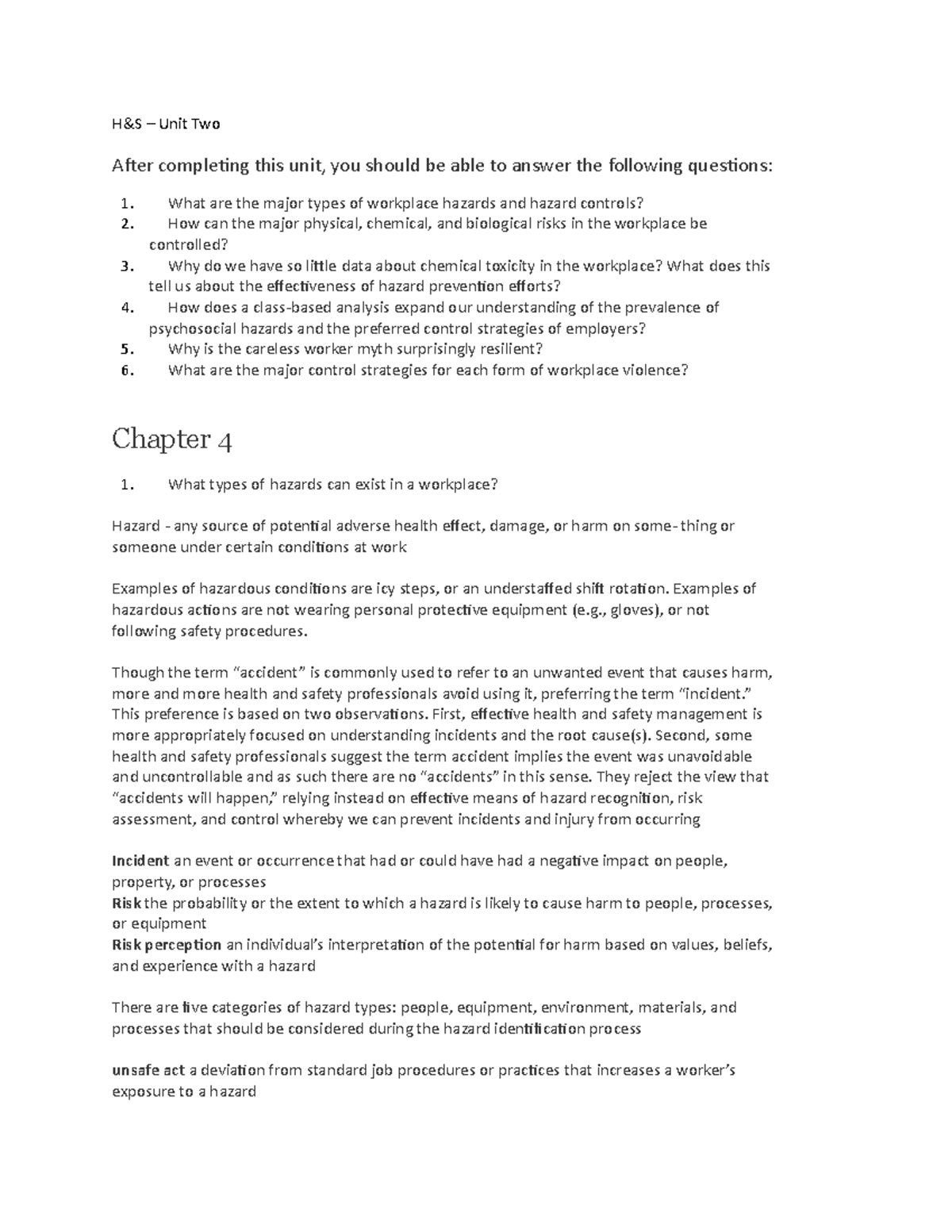 H&S - Unit Two - Summary Occupational Health and Safety - H&S – Unit ...